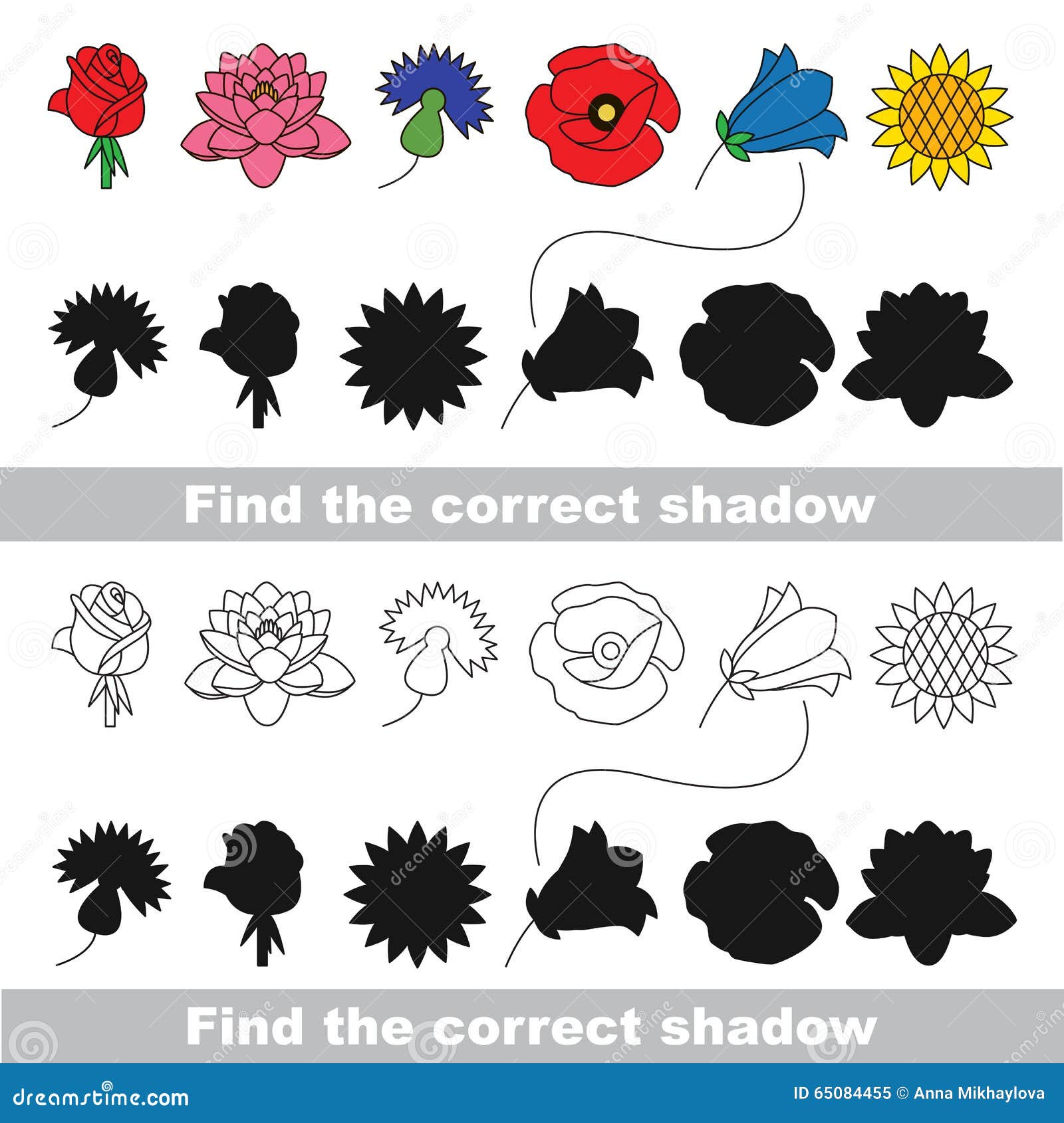 Flower Set. Find Correct Shadow. Stock Vector - Illustration of connect ...