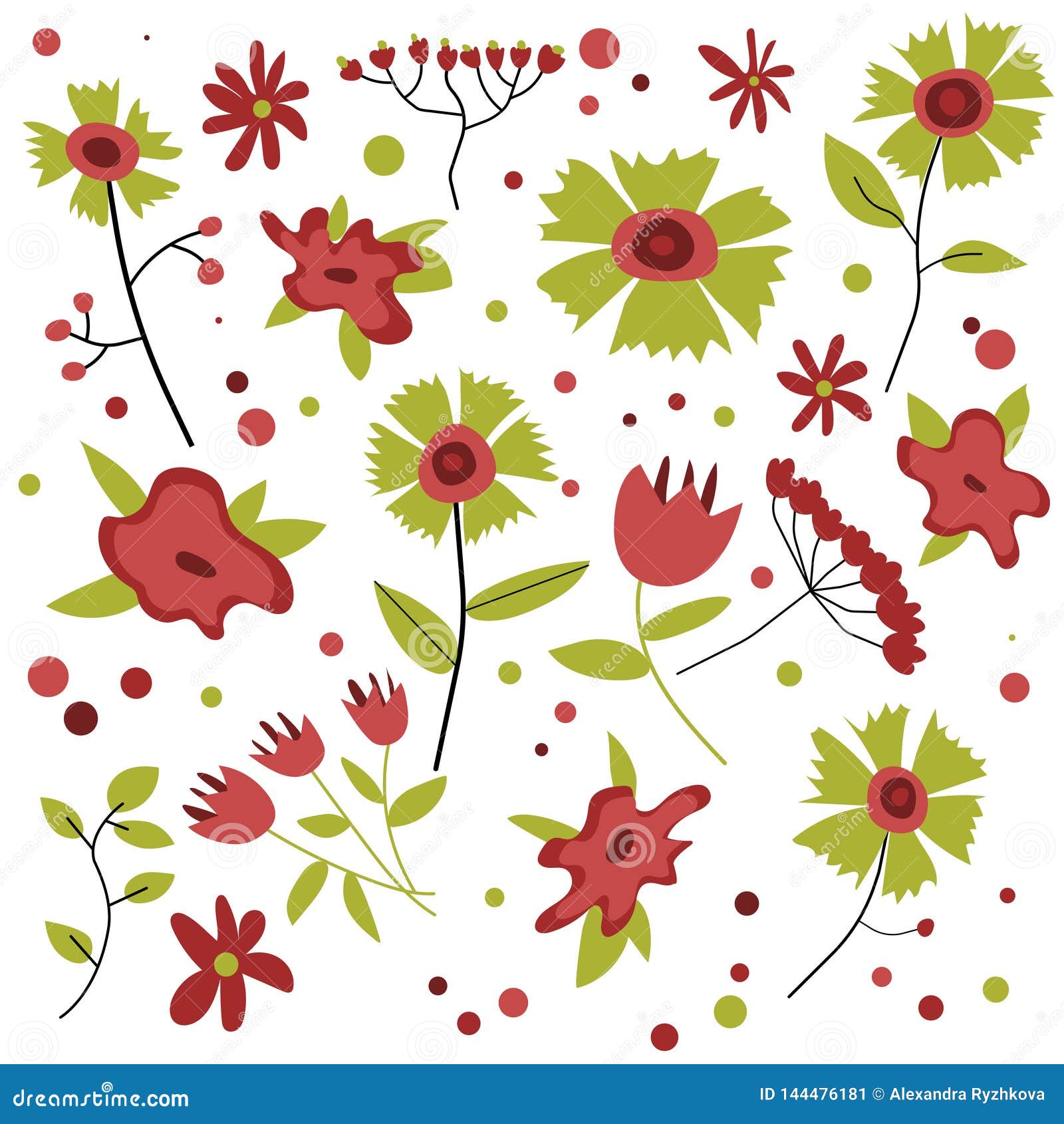 Flower Set with Red and Green Color Stock Illustration - Illustration ...
