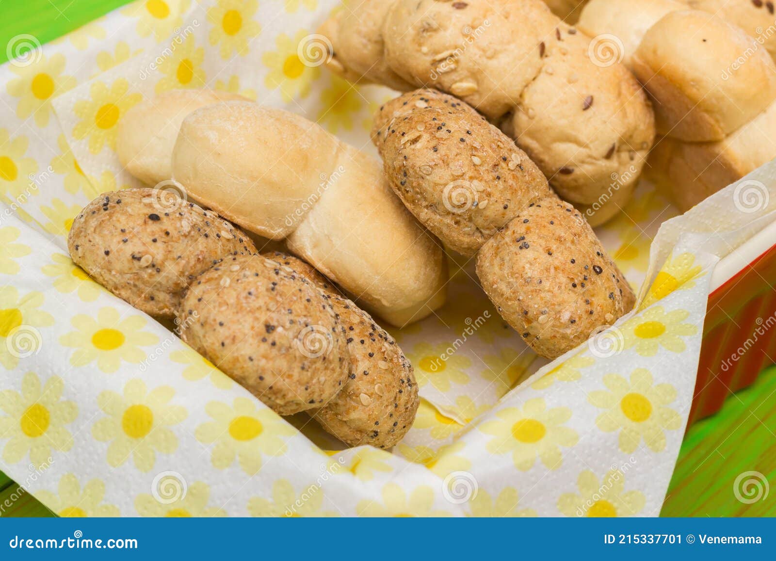 Flower Shaped Bread Rolls in Colorful Paper Napkins Stock Image - Image ...