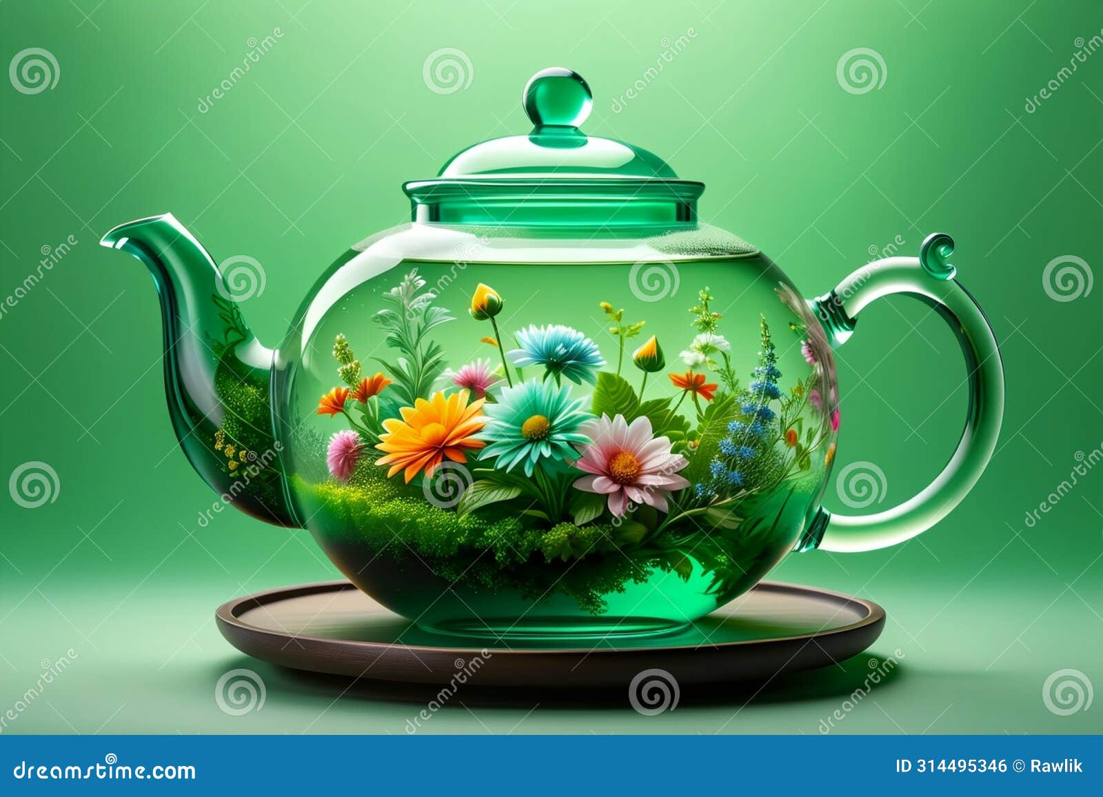 Flower Tea in a Glass Teapot on a Green Background Stock Photo - Image ...