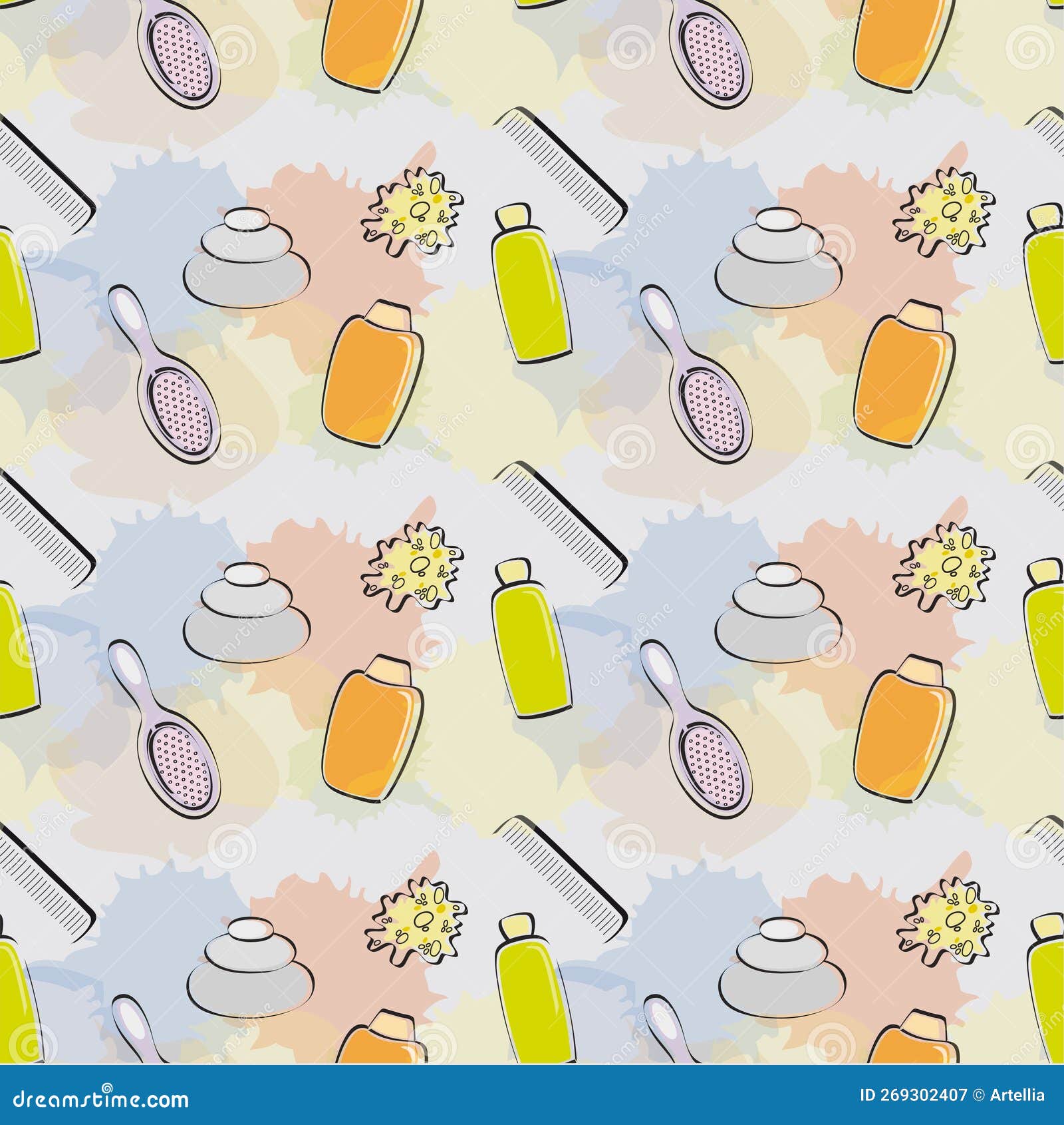 Seamless Beauty Items Pattern - Brush, Shampoo, Sponge and Hygiene ...