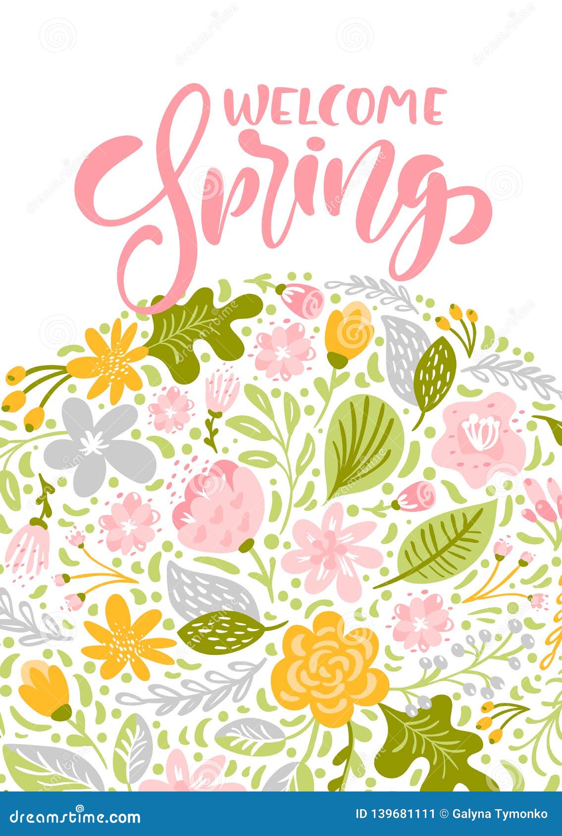 Flower Vector Greeting Card with Text Welcome Spring. Isolated Flat ...