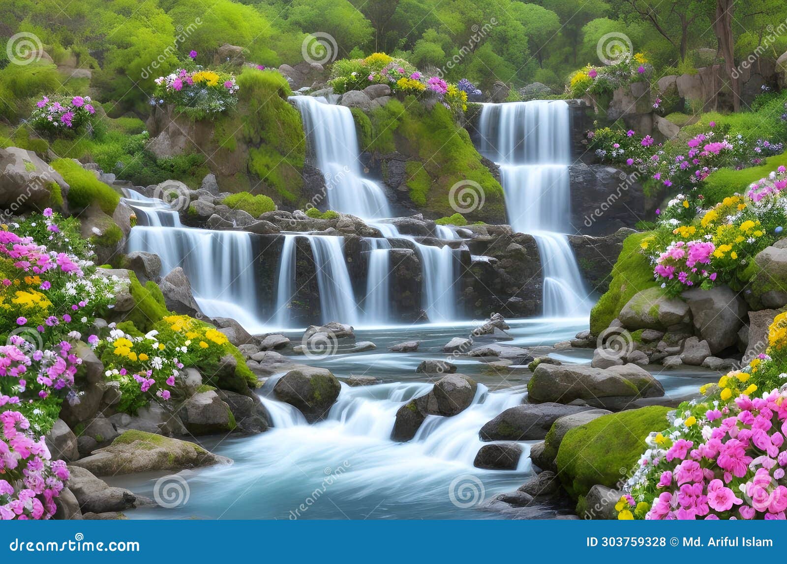 Tropical Waterfall with Flowers in Garden Scene Painting for Wall Art ...