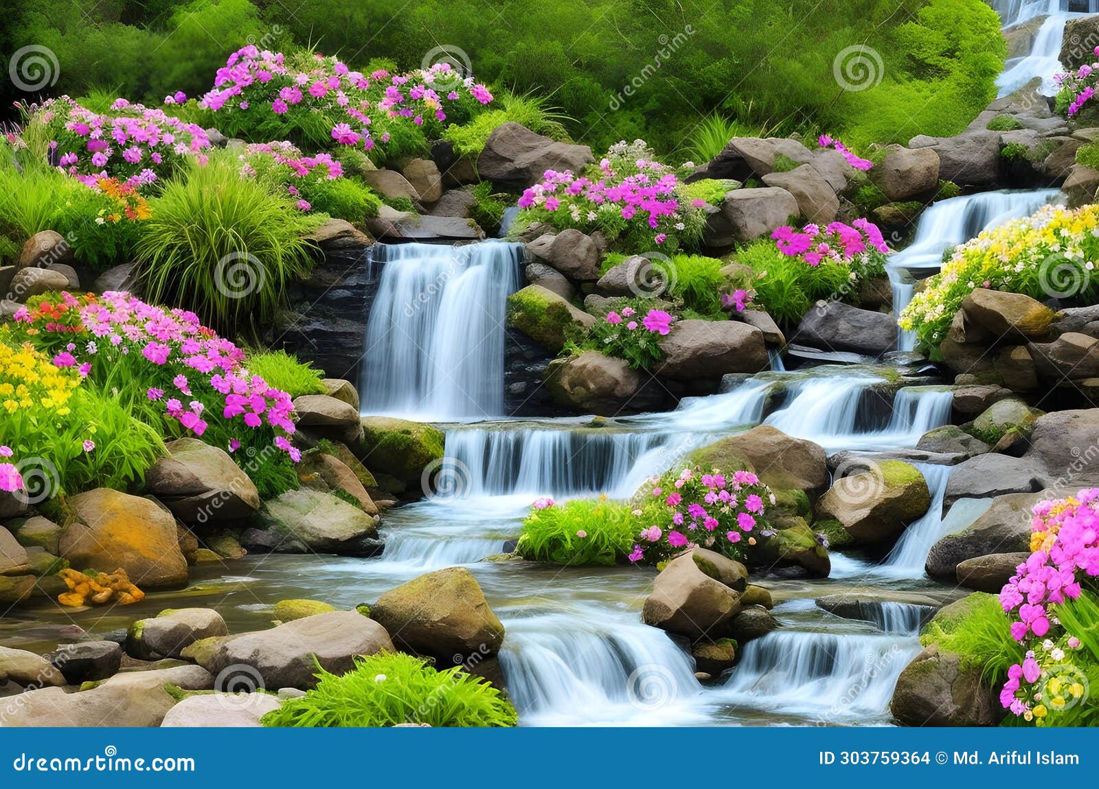 Tropical Waterfall with Flowers in Garden Scene Painting for Wall Art ...