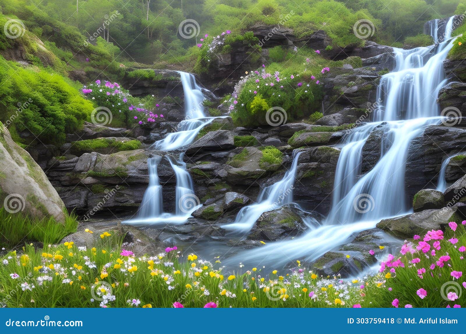 Tropical Waterfall with Flowers in Garden Scene Painting for Wall Art ...