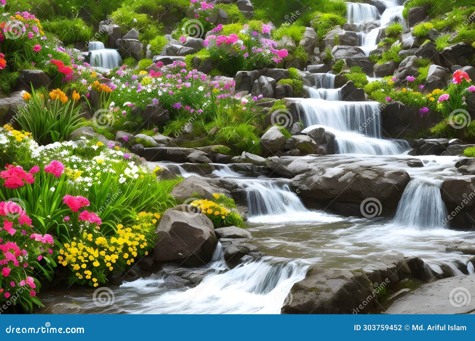 Tropical Waterfall with Flowers in Garden Scene Painting for Wall Art ...