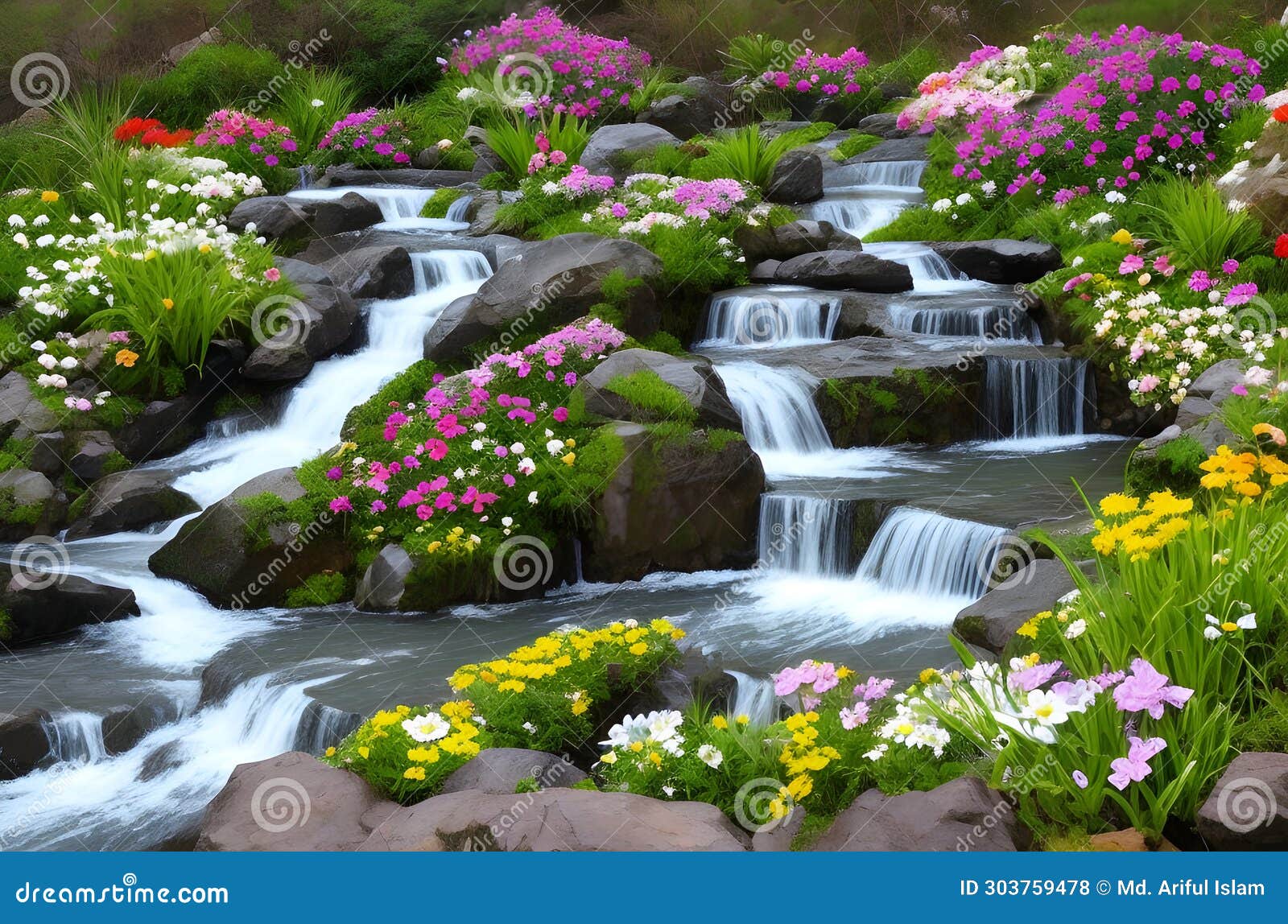 Tropical Waterfall with Flowers in Garden Scene Painting for Wall Art ...