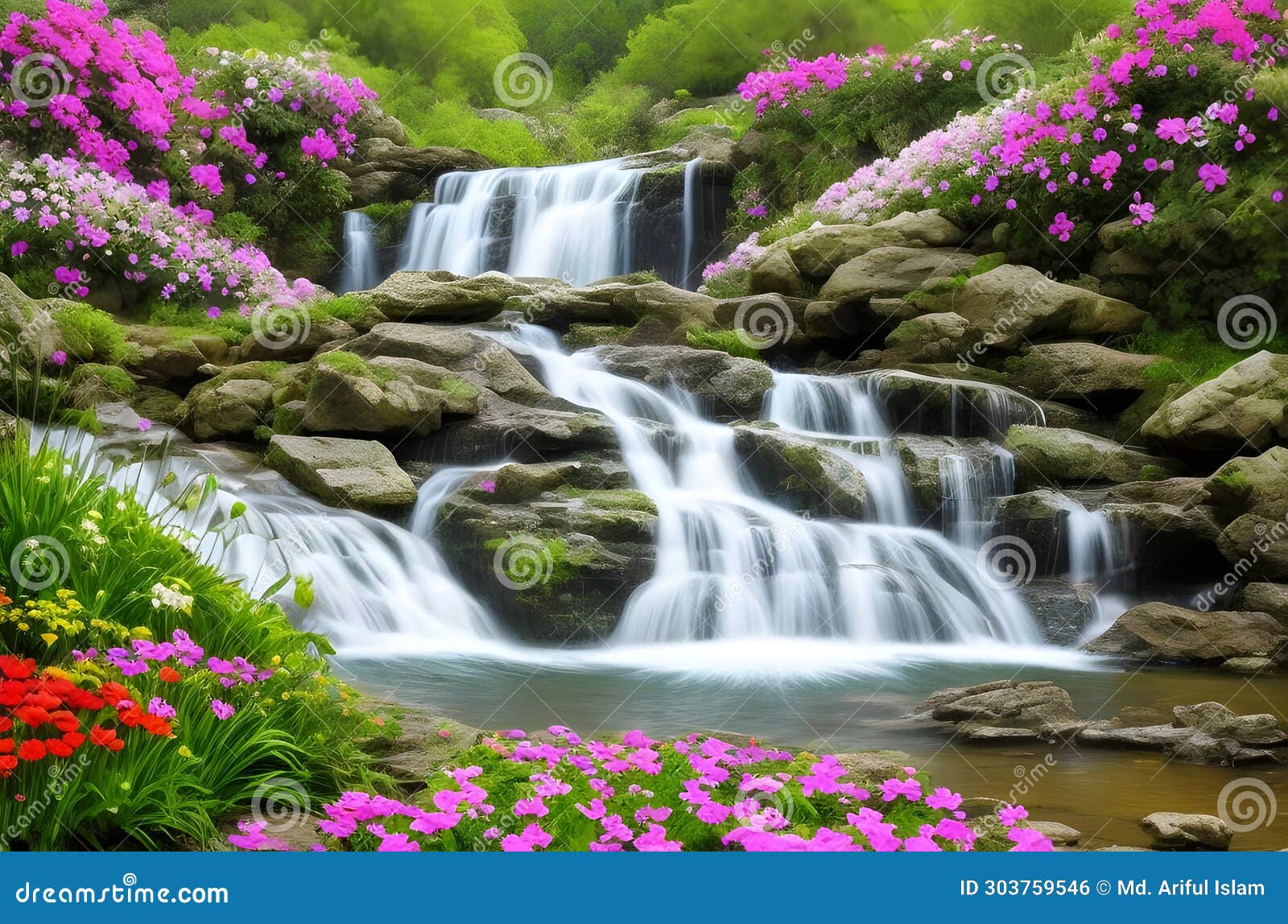 Tropical Waterfall with Flowers in Garden Scene Painting for Wall Art ...