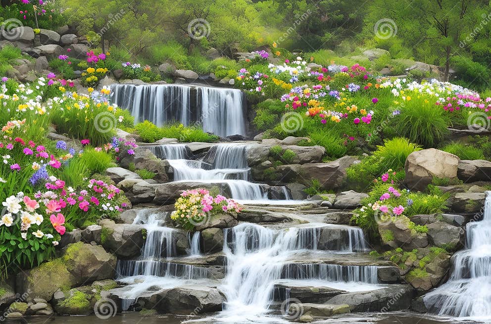 Tropical Waterfall with Flowers in Garden Scene Painting for Wall Art ...