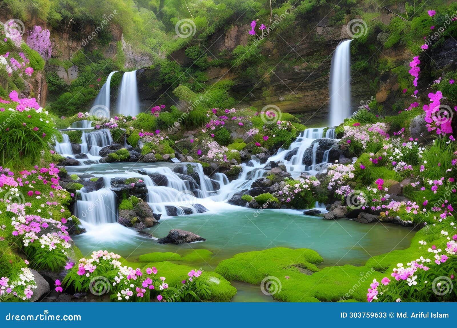 Tropical Waterfall with Flowers in Garden Scene Painting for Wall Art ...