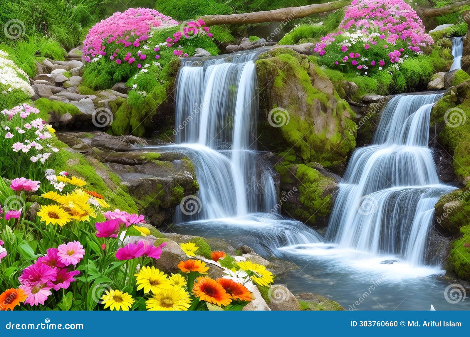 Tropical Waterfall with Flowers in Garden and House Scene Painting for ...