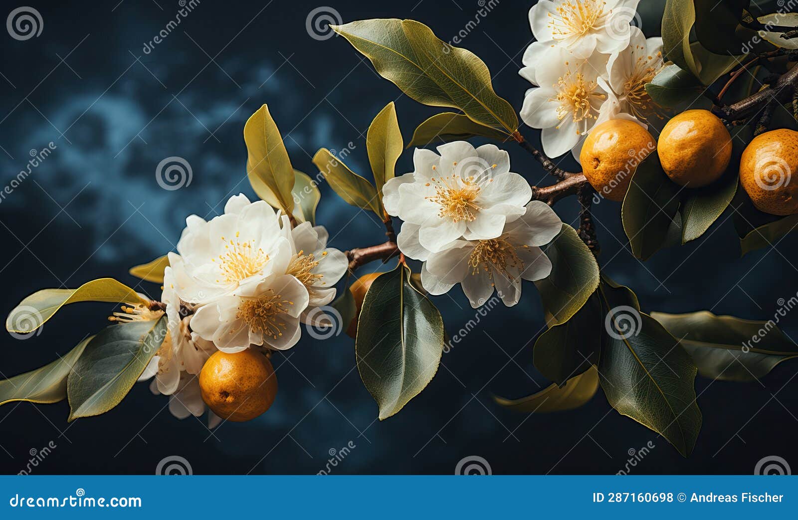 Flowering Branch of Lemon Against Blue Background. Stock Photo - Image ...
