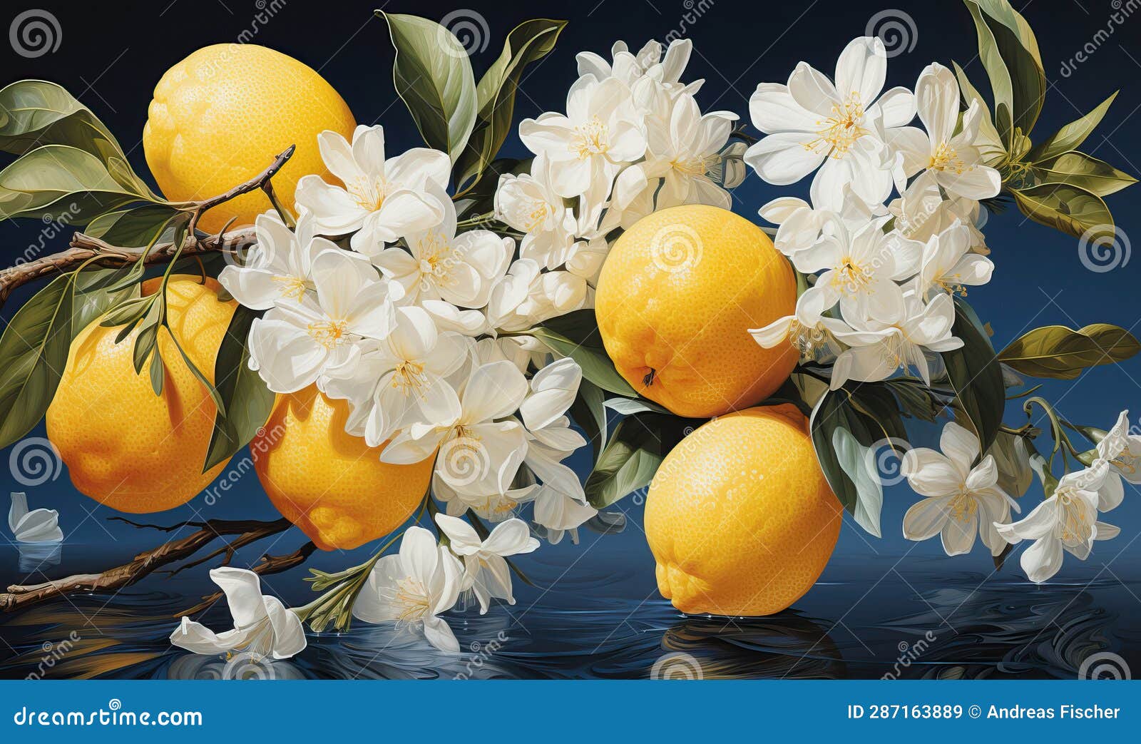 Flowering Branch of Lemon Against Blue Background. Stock Image - Image ...