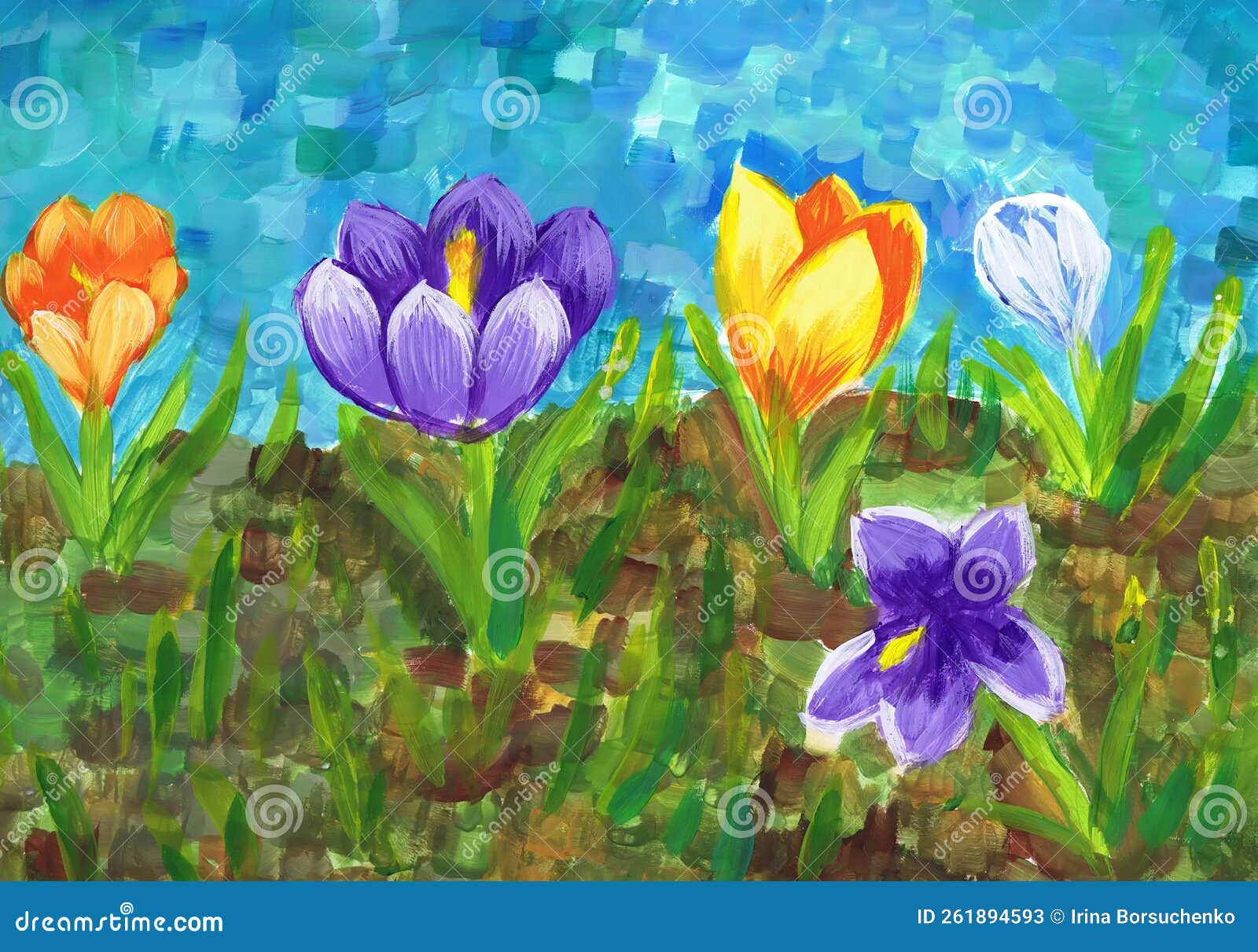 Flowering Crocuses in Spring. Children`s Drawing Stock Illustration ...