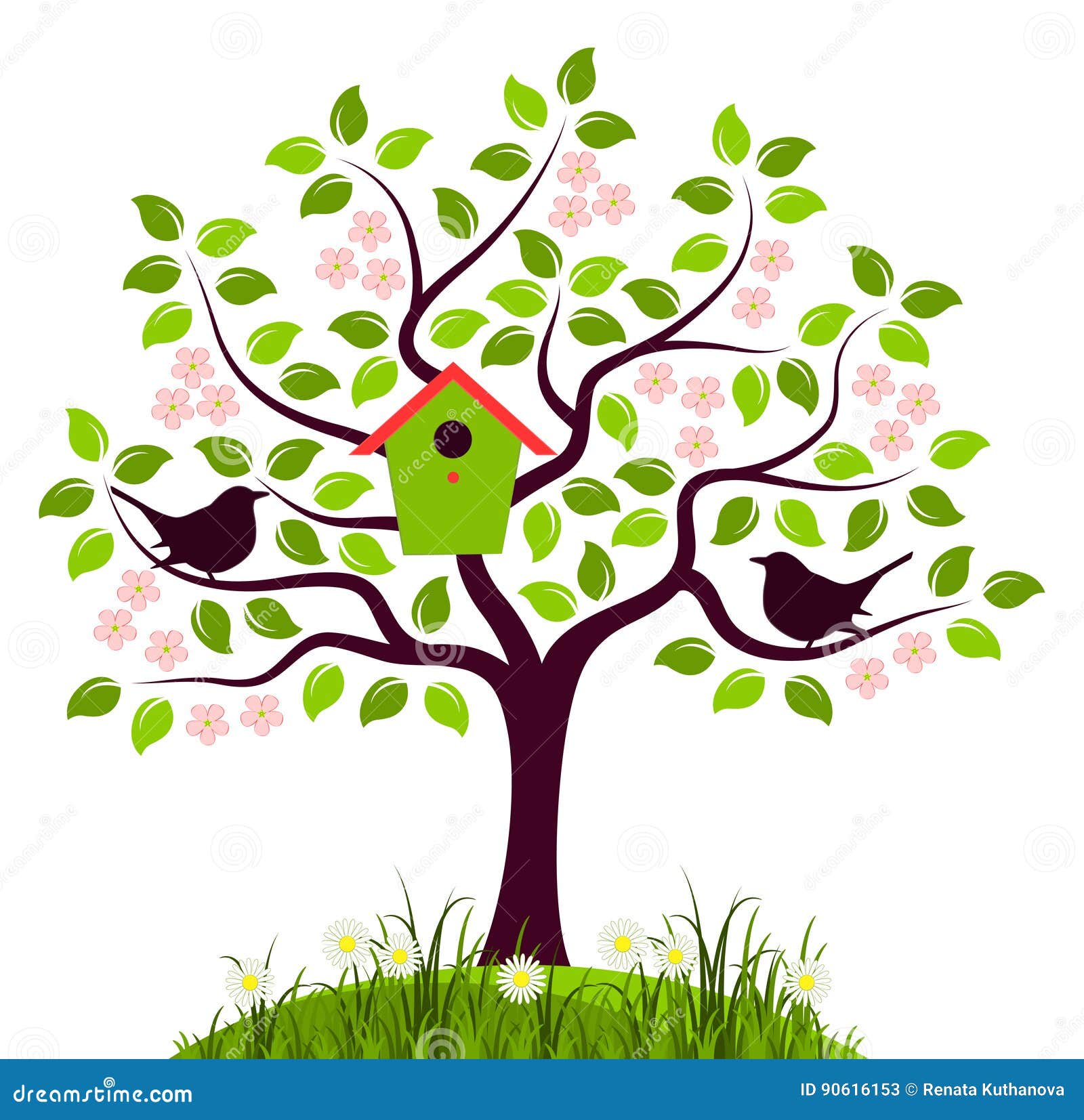 Flowering tree and birds stock vector. Illustration of nest - 90616153