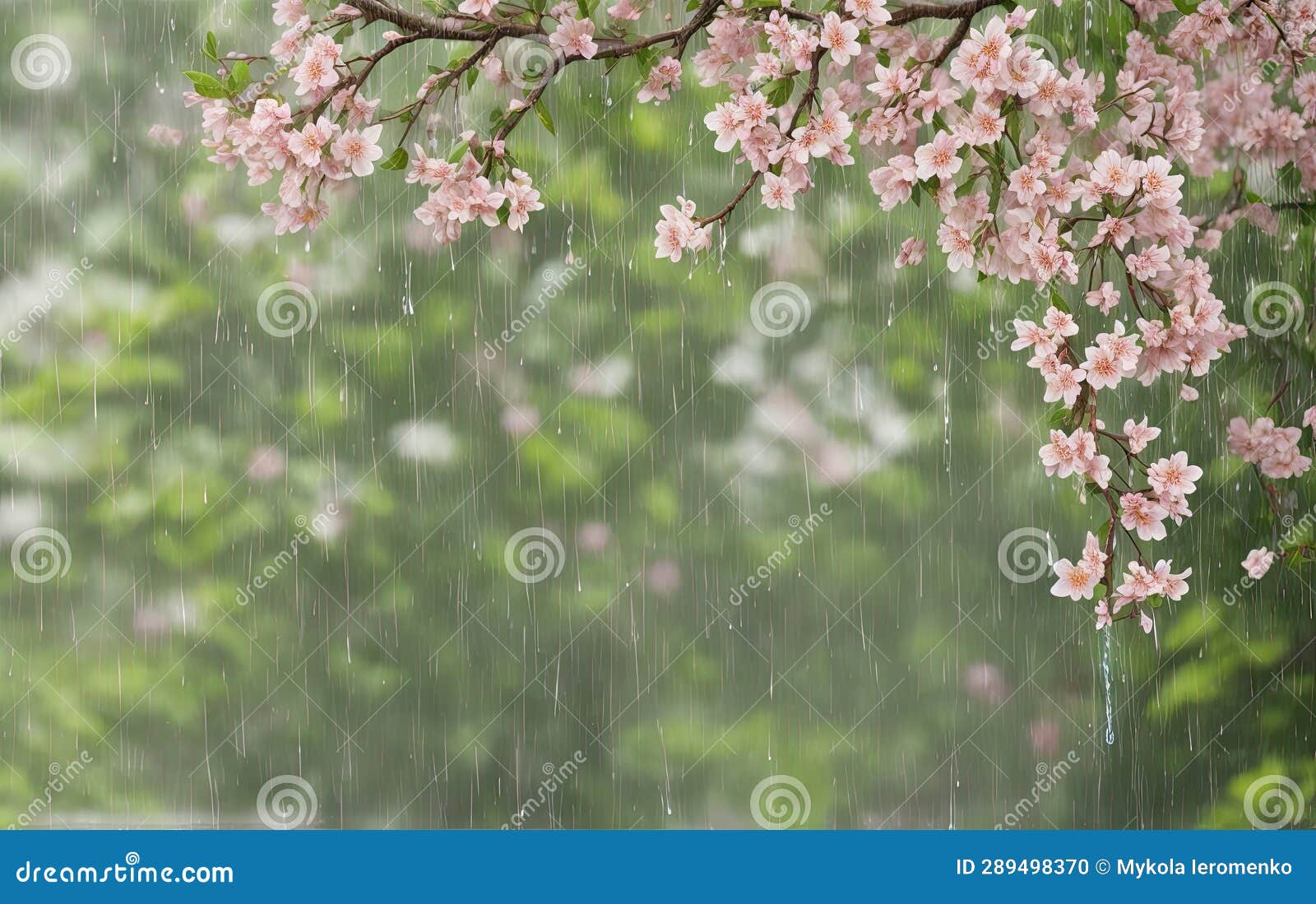 A Flowering Tree Branch in the Rain Stock Illustration - Illustration ...