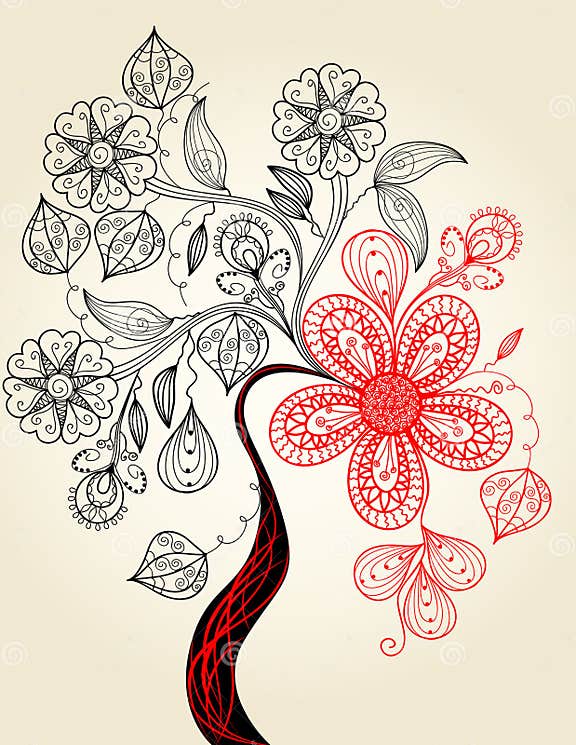 Flowering Tree Hand Drawing Illustration Stock Vector - Illustration of ...