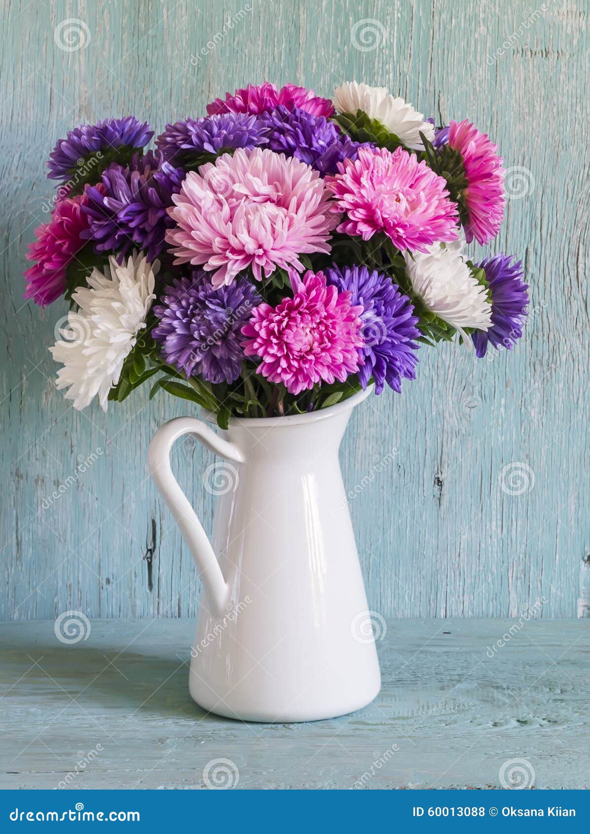 Flowers Asters in White Enameled Pitcher Stock Photo - Image of colors ...