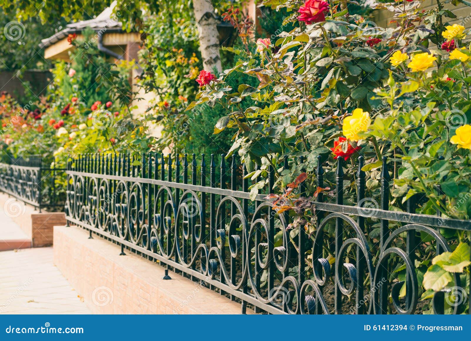 Flowers Behind a Fence in Front of House Stock Photo - Image of flowers ...