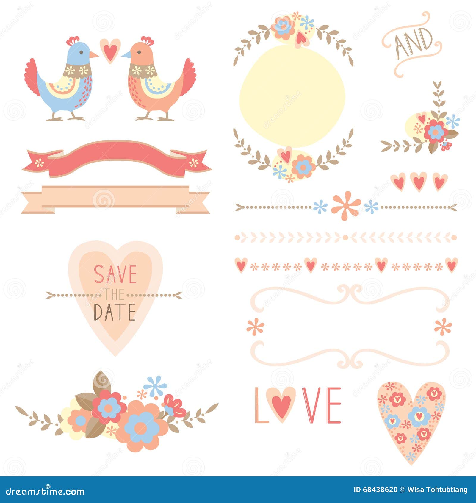 Flowers and Birds Wedding Elements Stock Vector - Illustration of ...