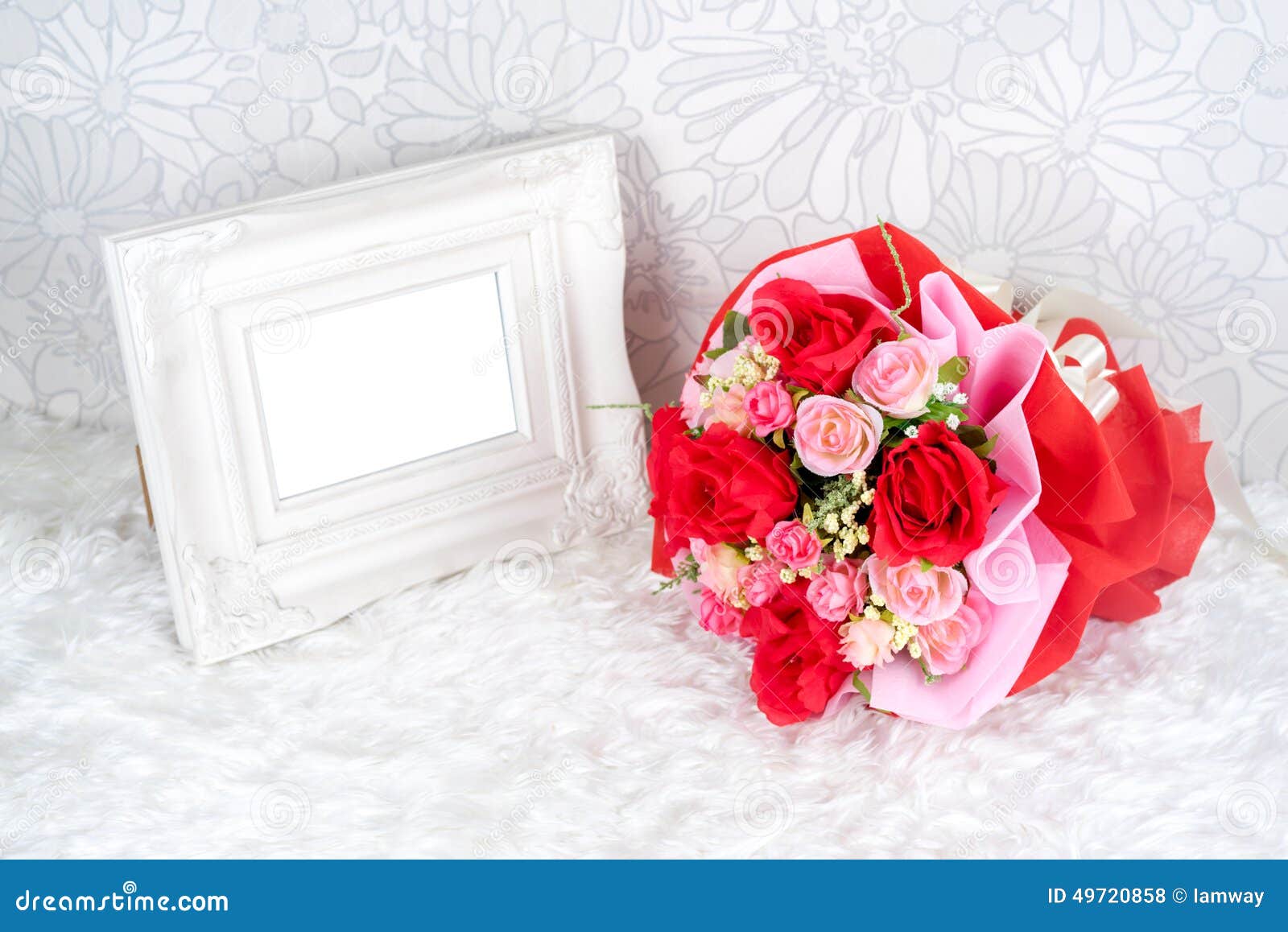 Flowers Bouquet Placed with Picture Frame Stock Photo - Image of space ...
