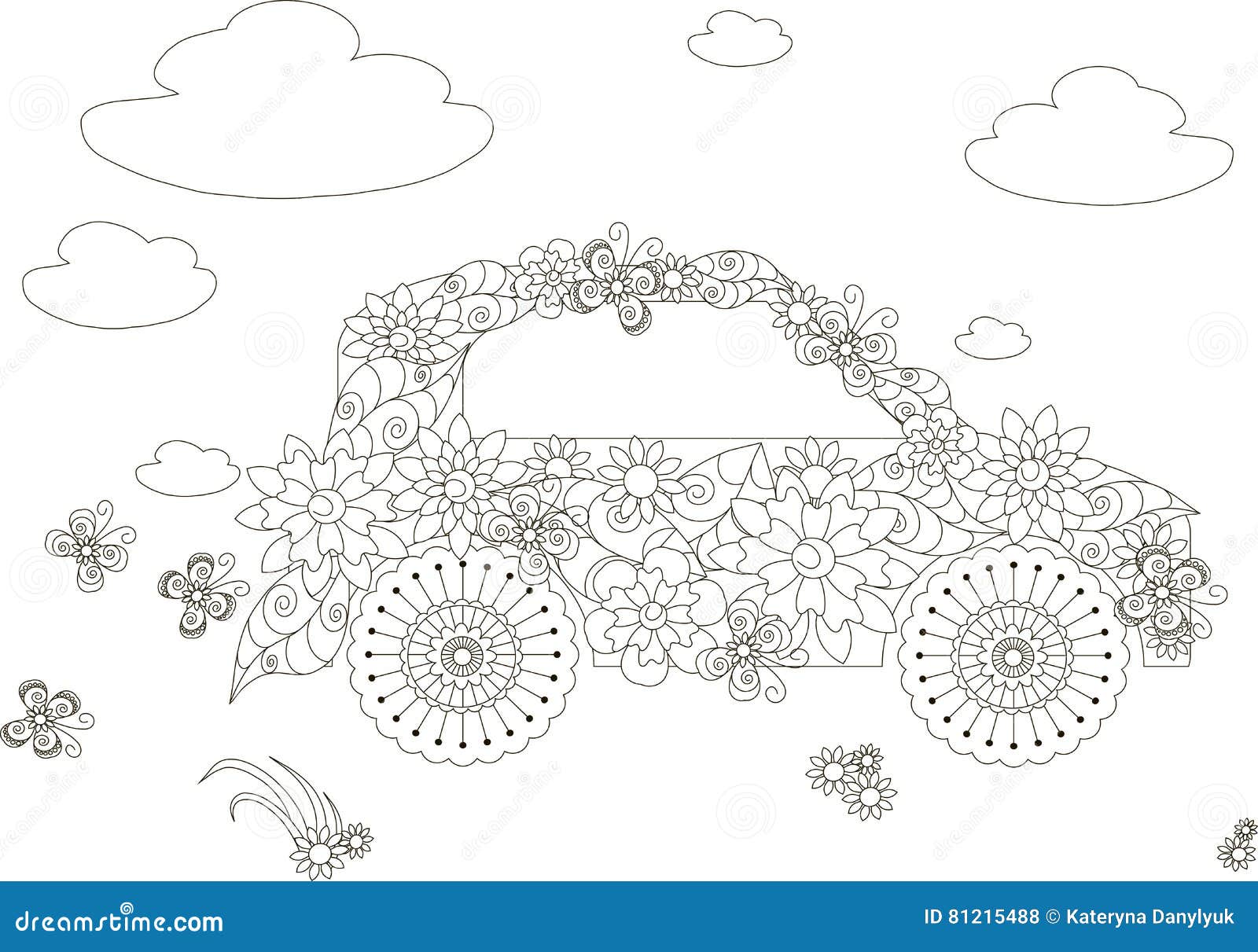 Flowers Car, Adult Coloring Page Anti-stress Stock Vector ... Flowers Car, Adult Coloring Page Anti-stress Stock Vector ...