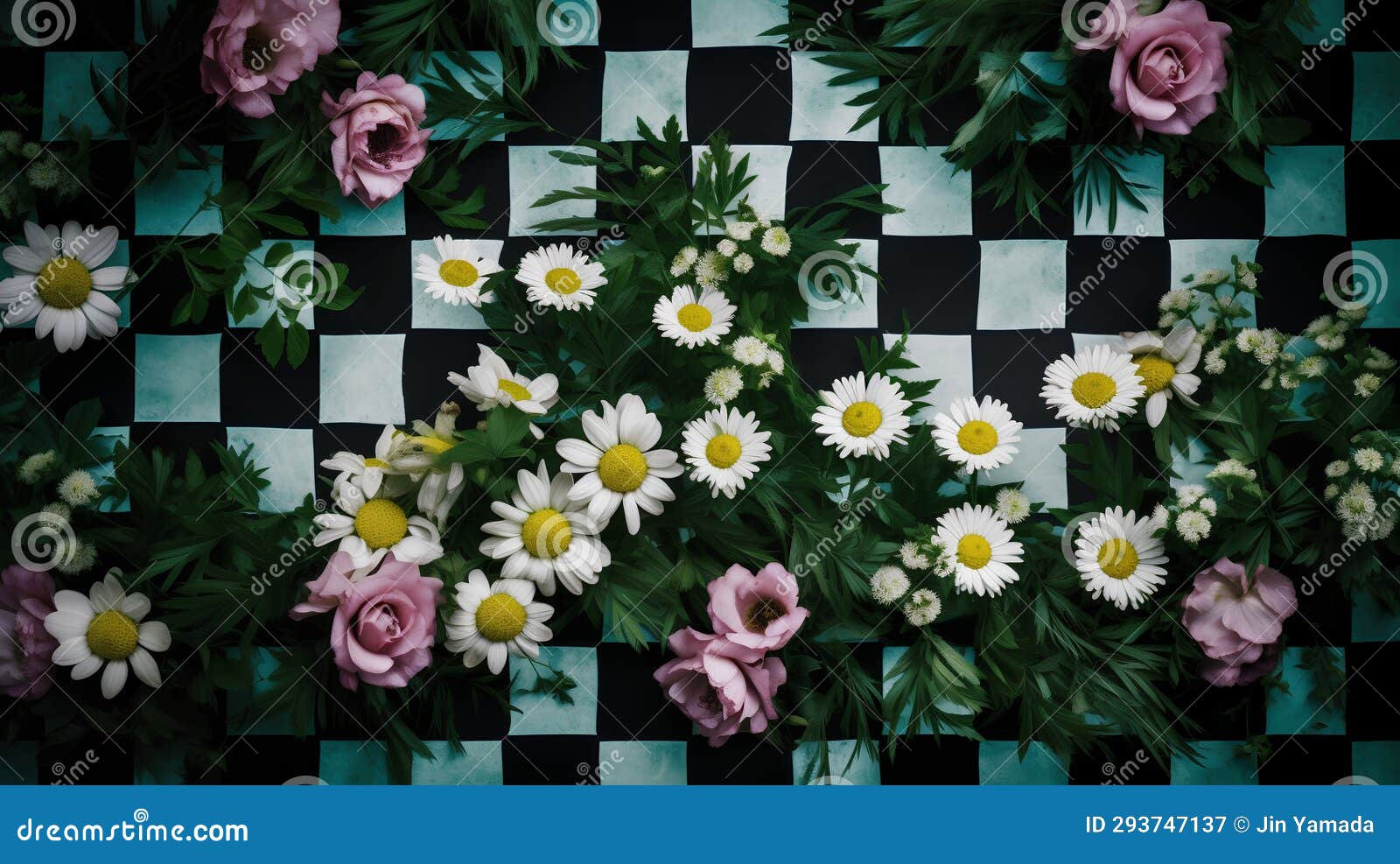 Flowers on a Checkered Background. Floral Pattern Stock Illustration ...