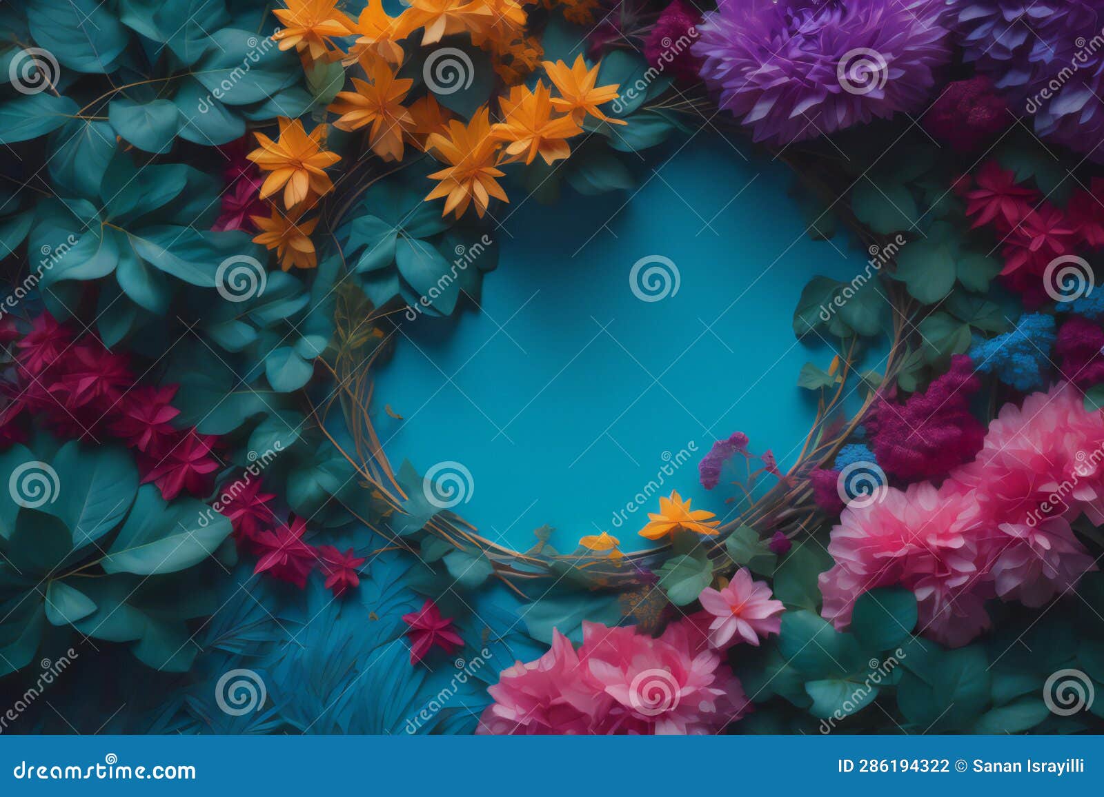 Flowers Composition. Frame Made of Flowers on Blue Background. Flat Lay ...