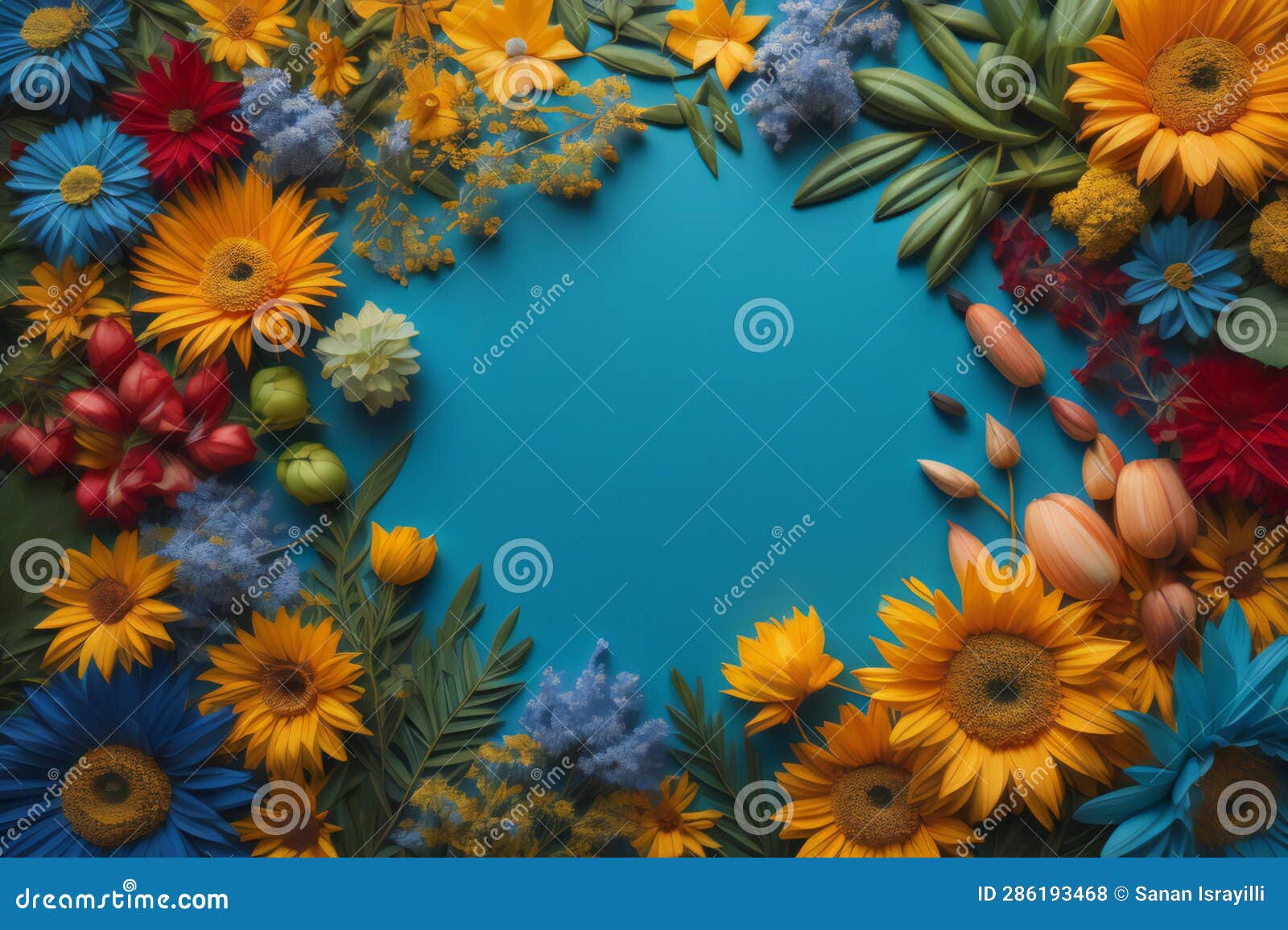 Flowers Composition. Frame Made of Flowers on Blue Background. Flat Lay ...