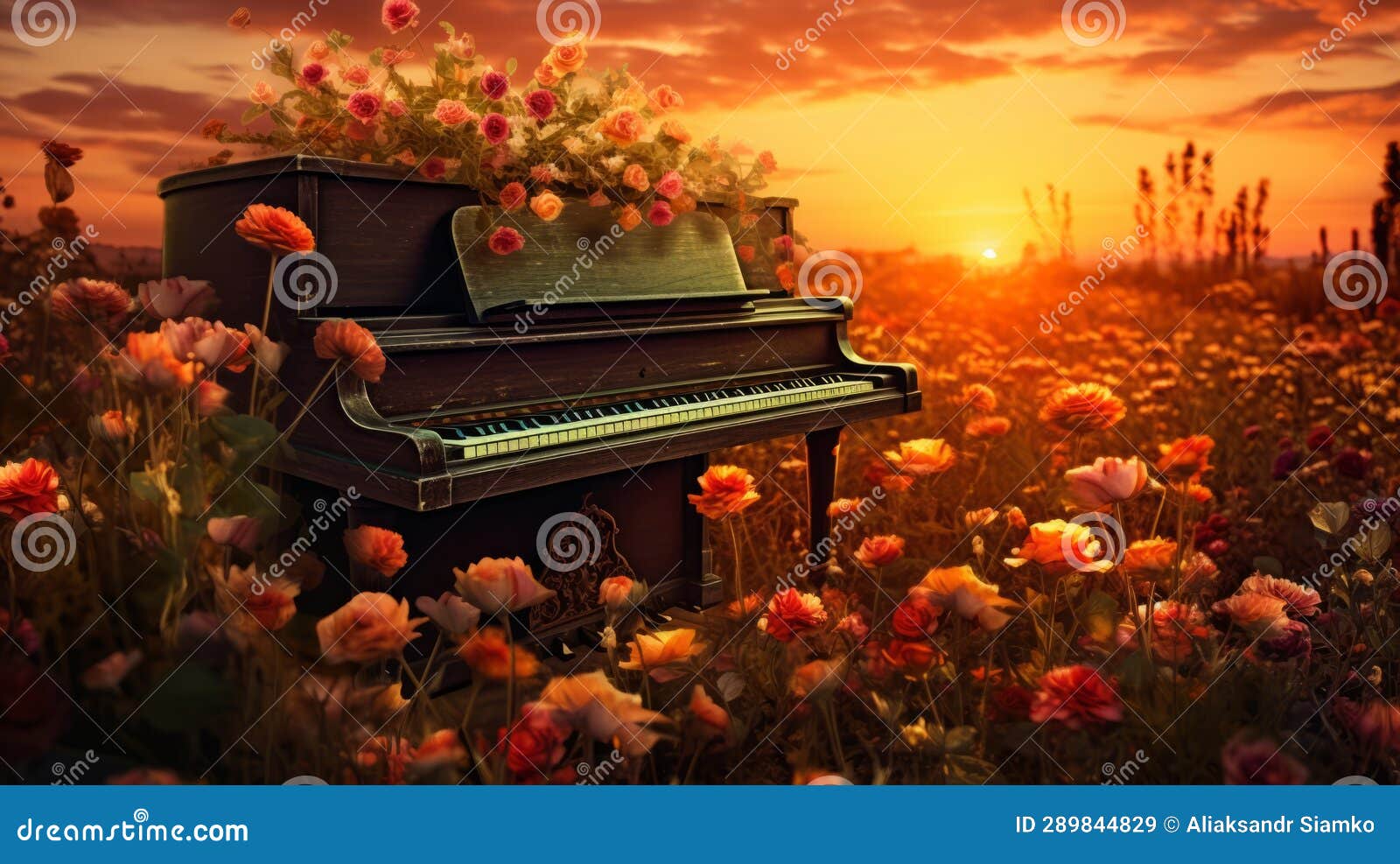 Flowers Covered the Piano in the Sunset Stock Image - Image of musician ...