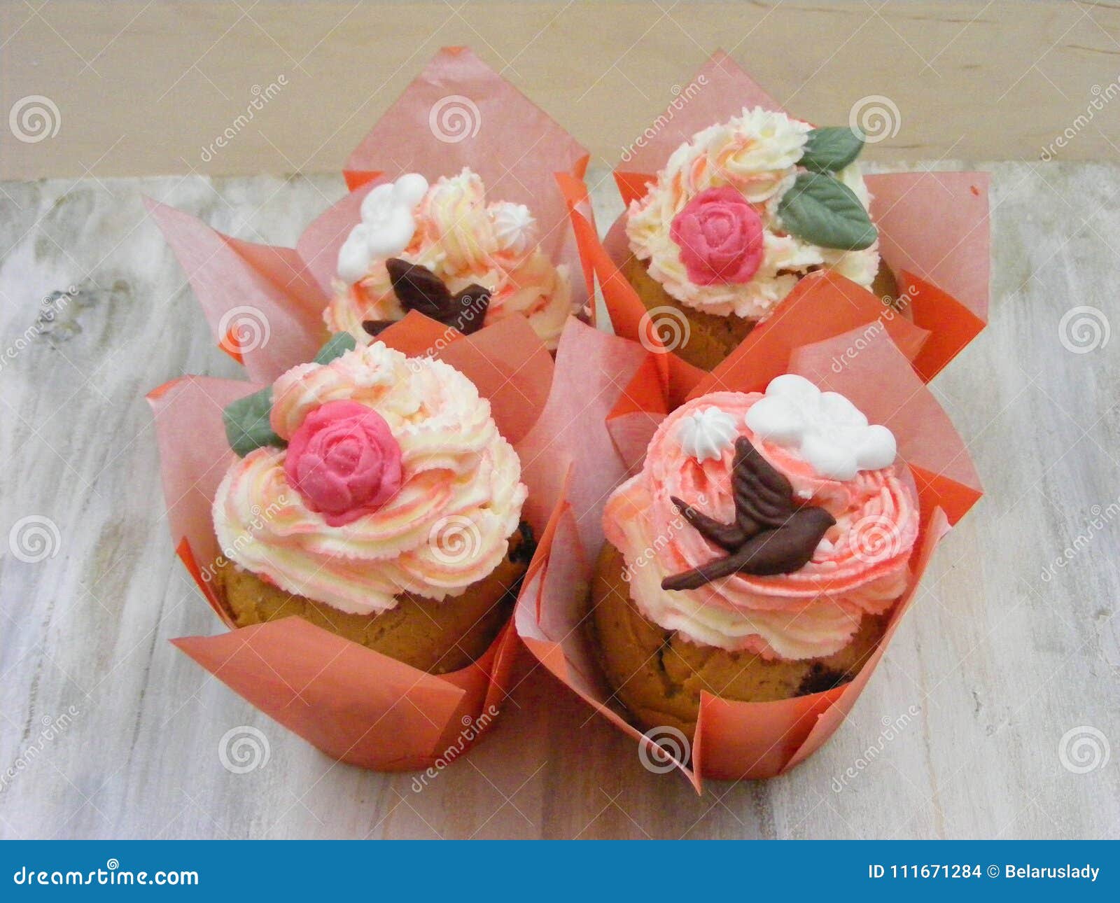 Flowers Cupcakes Spring Picture on Shabby Background Stock Photo ...