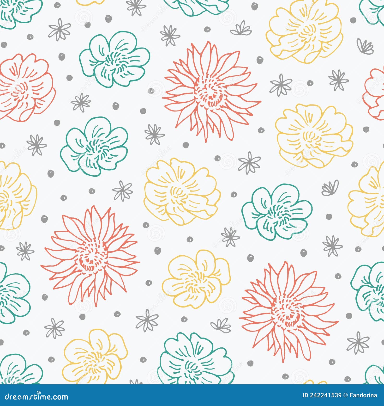 Flowers Doodle Hand Drawn Pattern, Vector Floral Background Stock ...