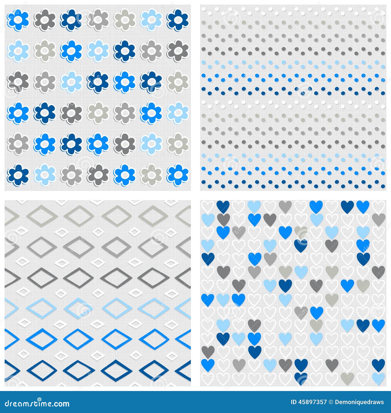 Flowers Dots Diamonds and Hearts Blue Seamless Pattern Set Stock Vector ...