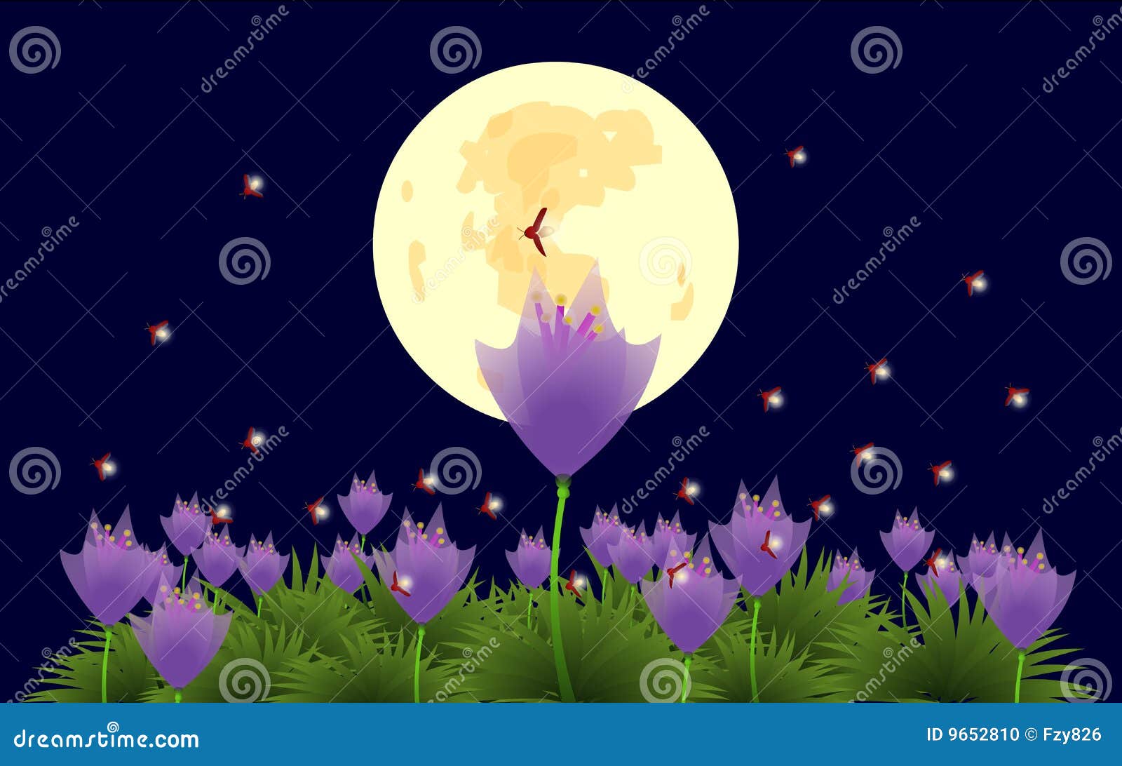 Flowers and Fireflies Under the Moonlight-illustra Stock Illustration ...