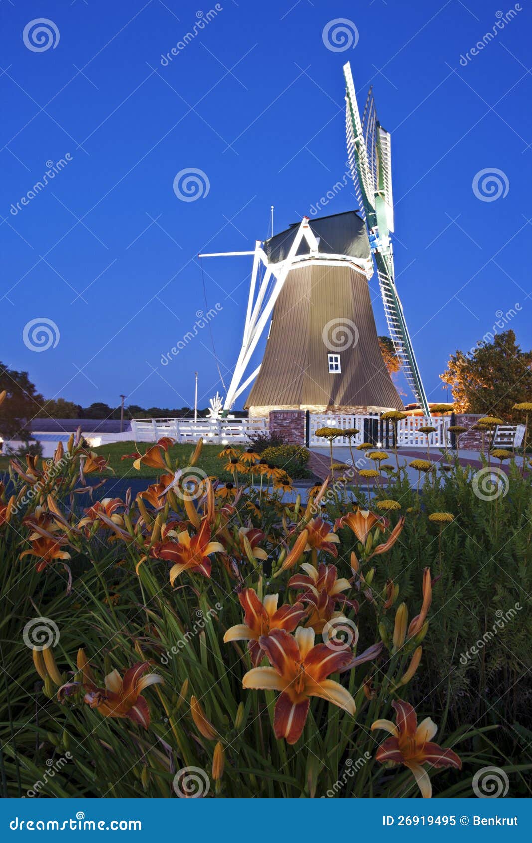 Flowers in Front of Windmill Stock Image - Image of fulton ...