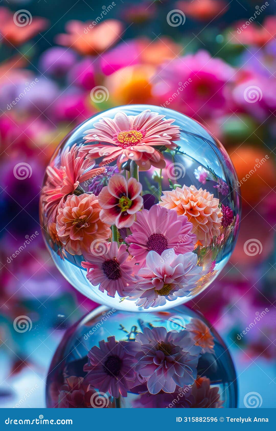 Flowers in Glass Sphere. a Drop of Water with Colorful Flowers Inside ...