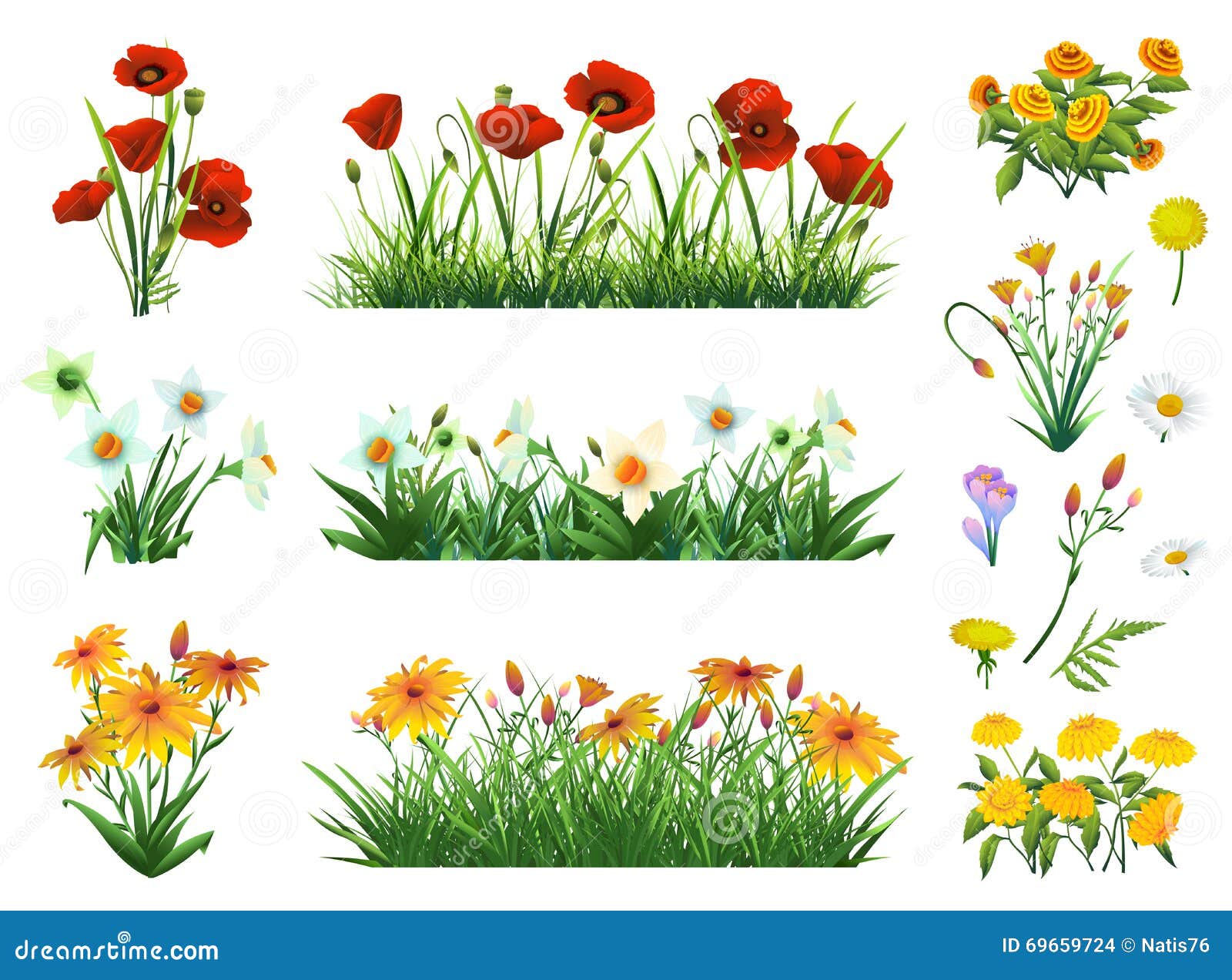 Flowers and grass set stock vector. Illustration of herb - 69659724