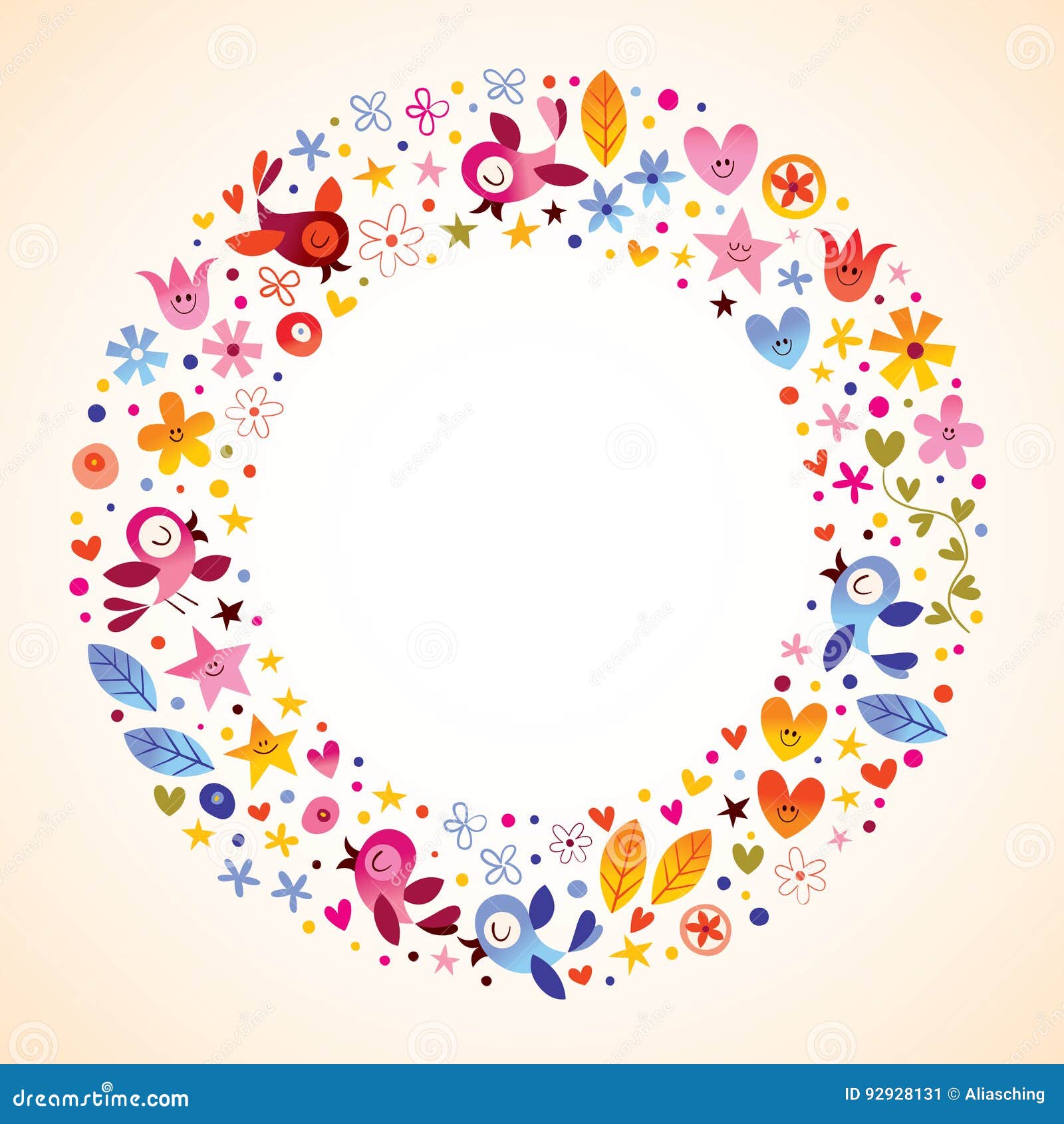Flowers, Hearts, Birds Love Nature Circle Frame Background Vector ...