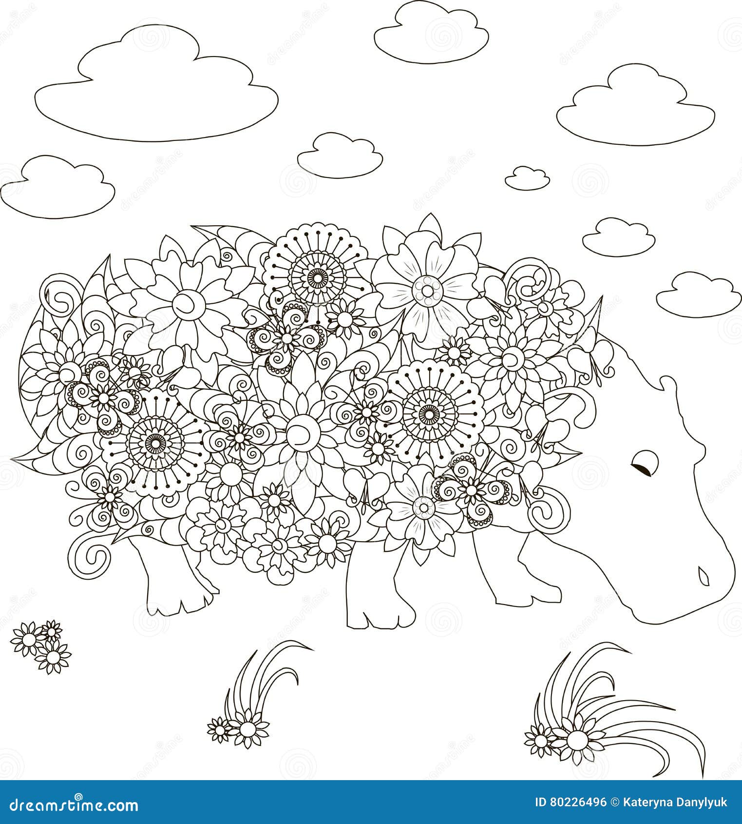 Flowers Hippo, Coloring Page Anti-stress Stock Vector - Illustration of ... Flowers Hippo, Coloring Page Anti-stress Stock Vector - Illustration of ...