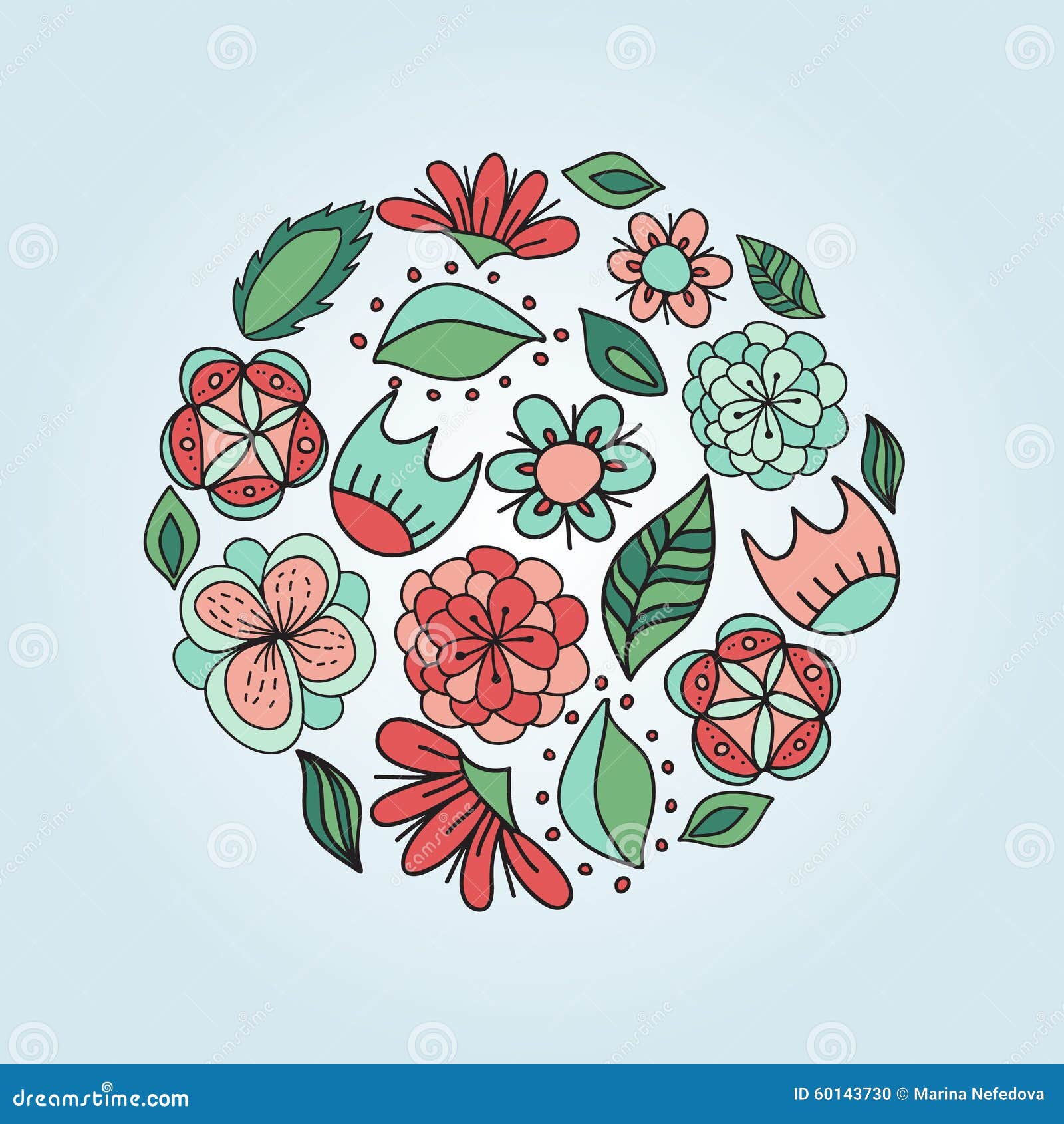 Flowers and Leafs in Round Shape. Stock Illustration - Illustration of ...