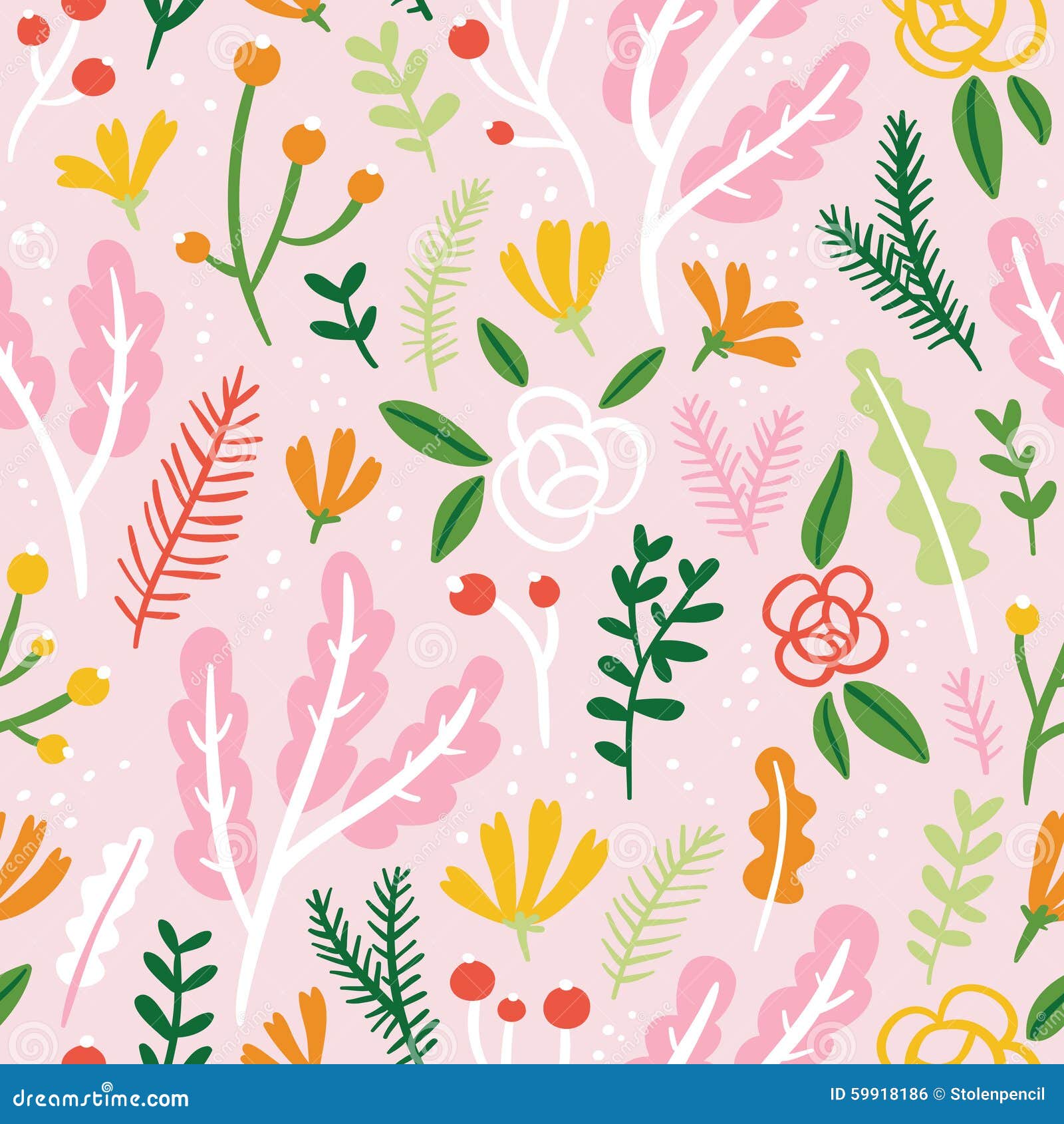 Flowers, Leaves and Berries Seamless Pattern on Pink Background Stock ...