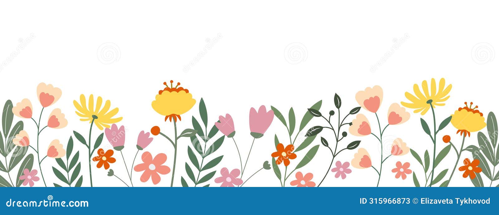 Flowers and Leaves, Cute Horizontal Background. Floral Spring ...