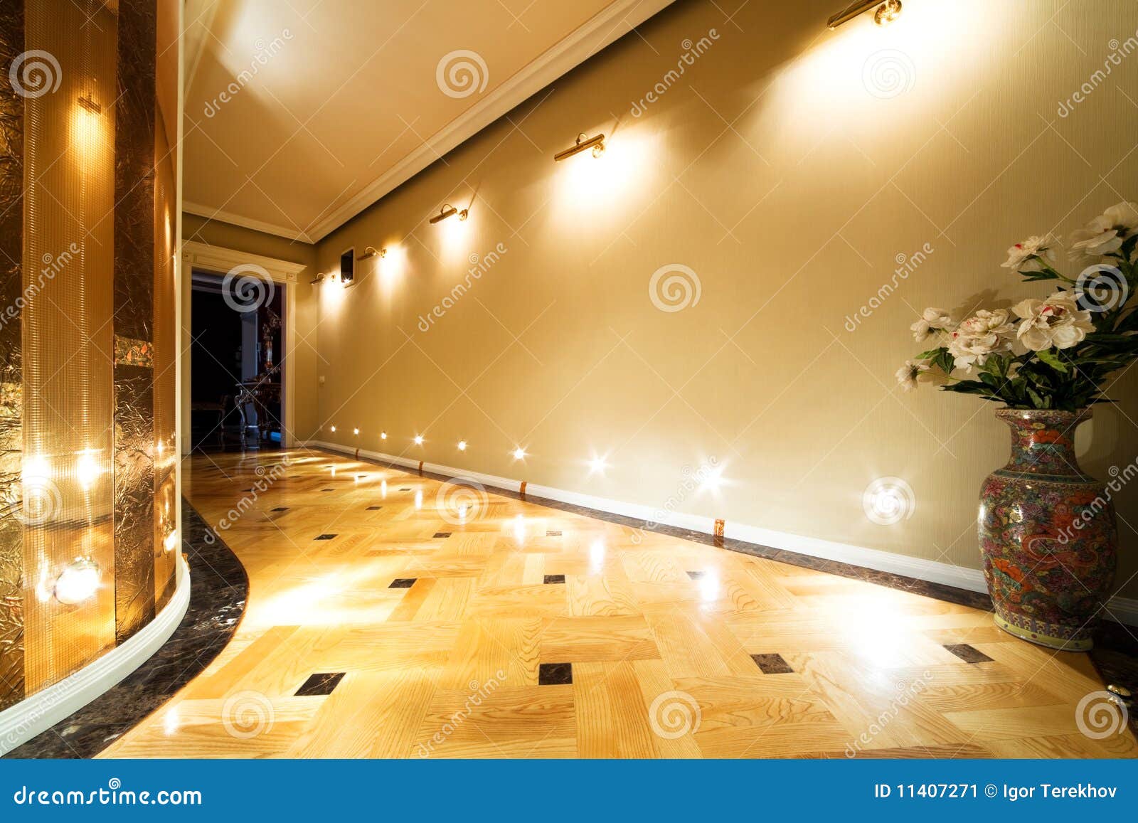 A Long Hallway Featuring A Curved White Bench Along One Wall Royalty ...