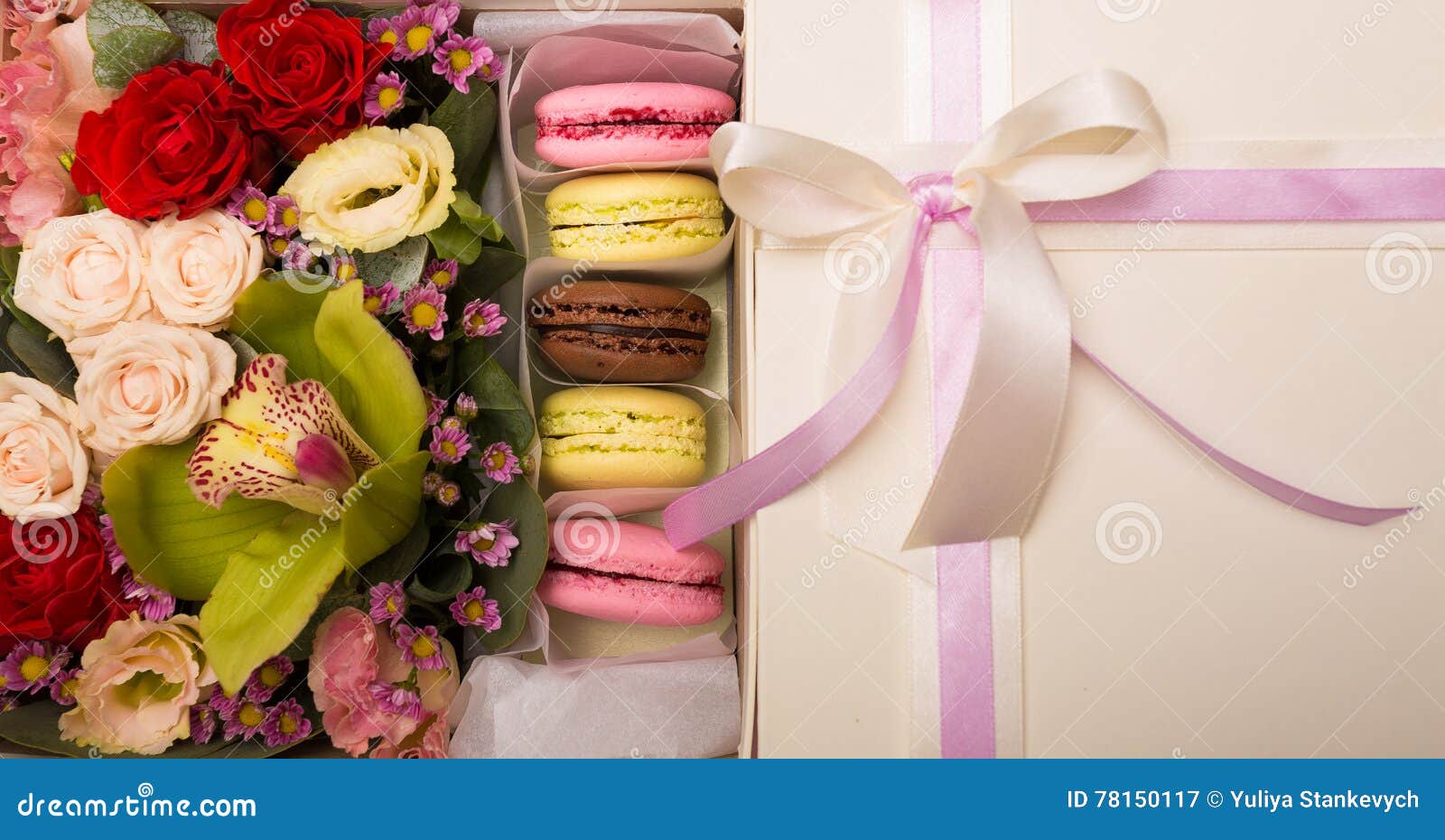 Flowers and Macaroons in a Hat-box Stock Image - Image of orchid, fresh ...