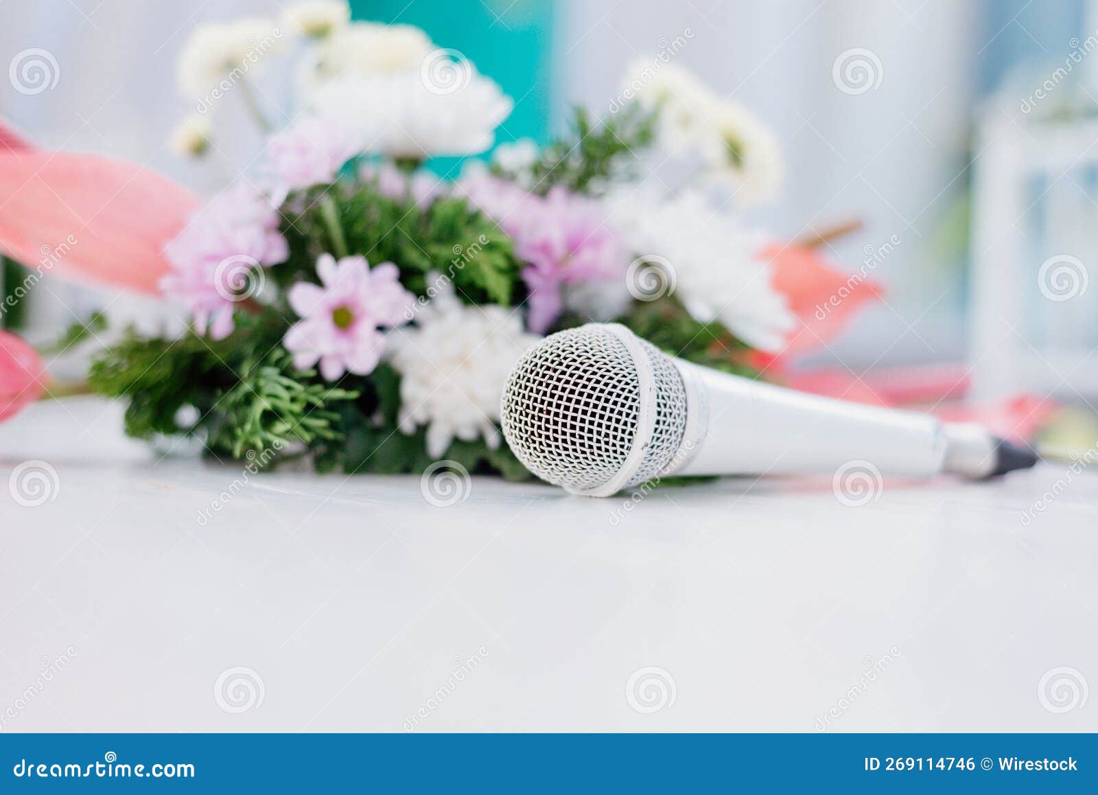 Flowers and a Microphone for Wedding Stock Photo - Image of presenter ...
