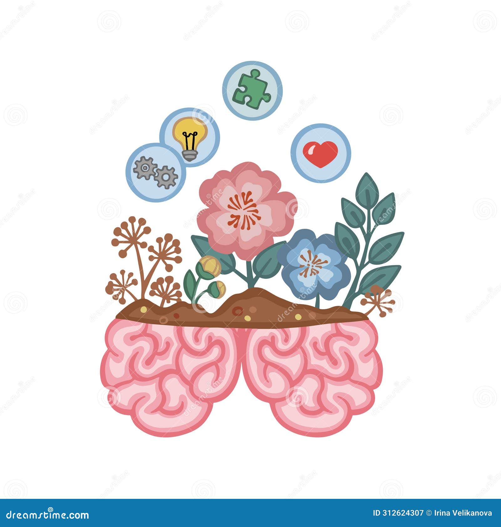 Flowers of the Mind on the Brain Cartoon Symbol Vector Illustration ...