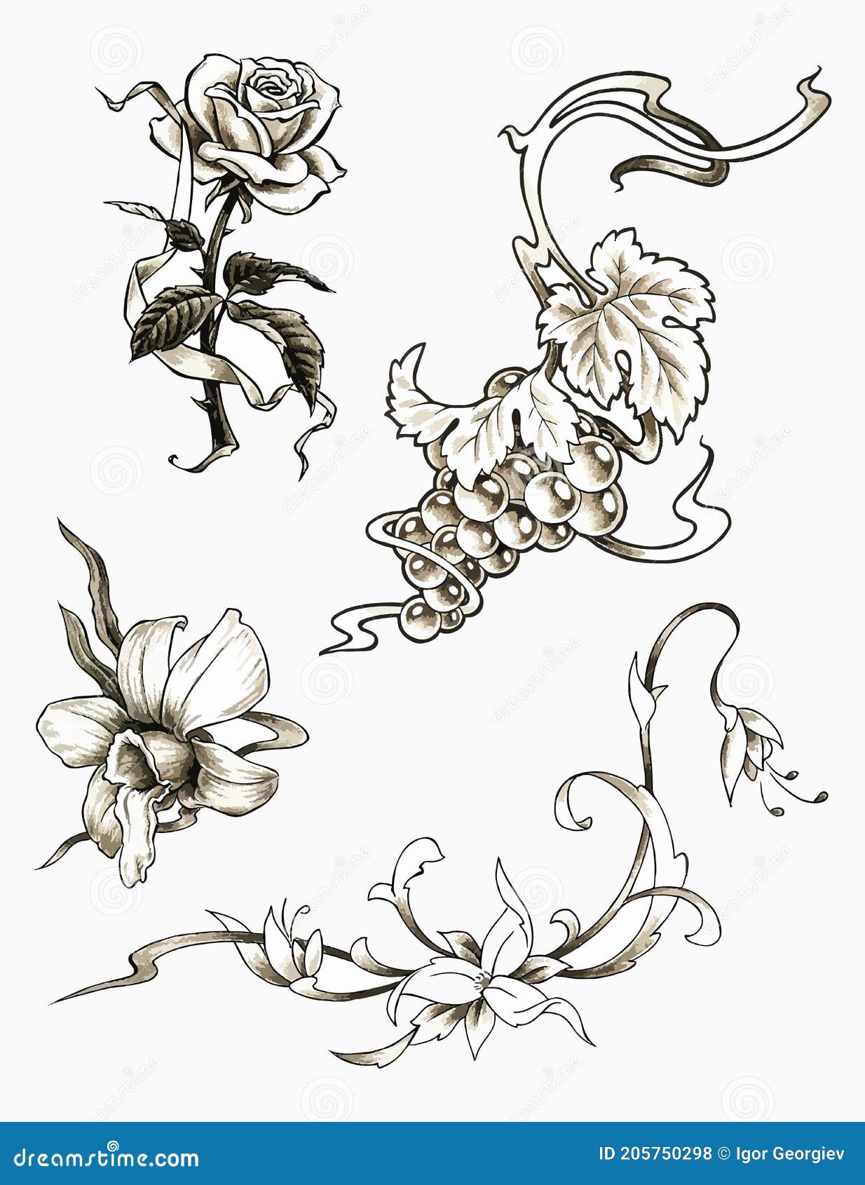Flowers Newskool Tattoo Set. Set of Labels and Elements. Vector Set ...