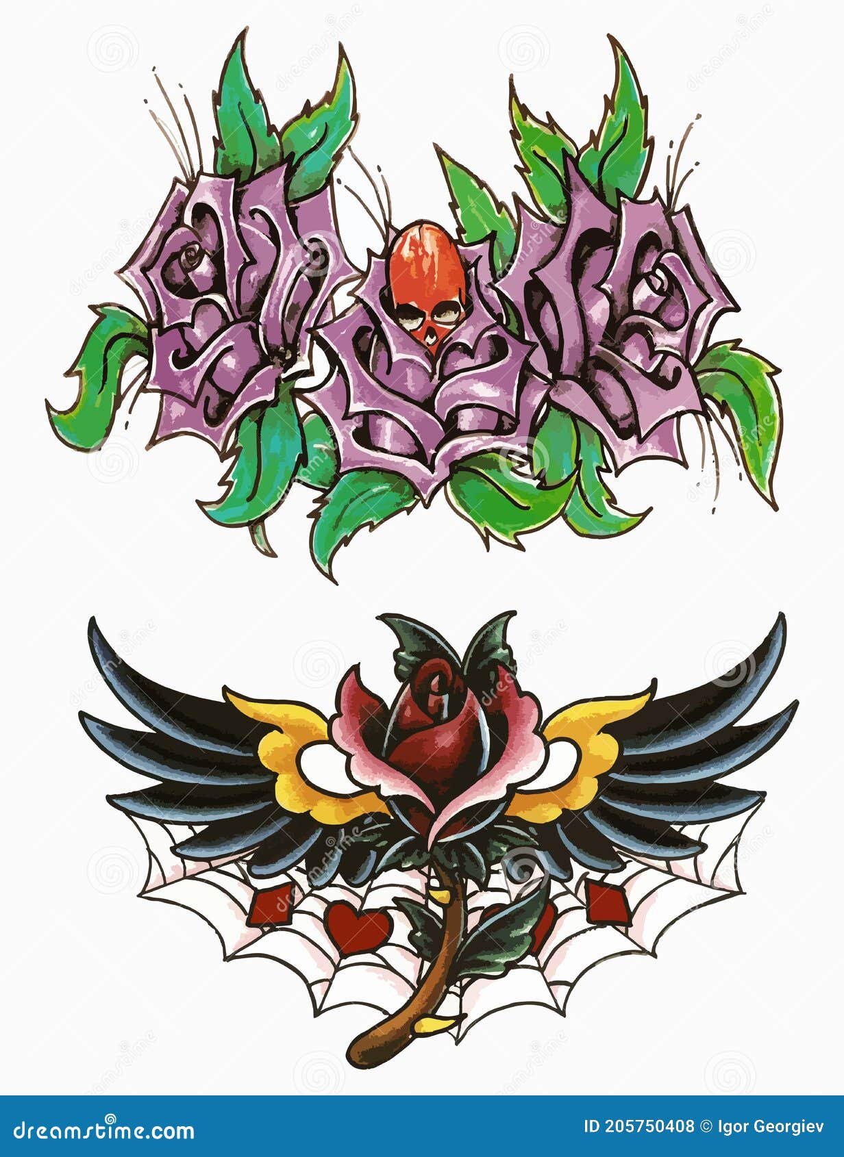 Flowers Newskool Tattoo Set. Set Of Labels And Elements. Vector Set ...