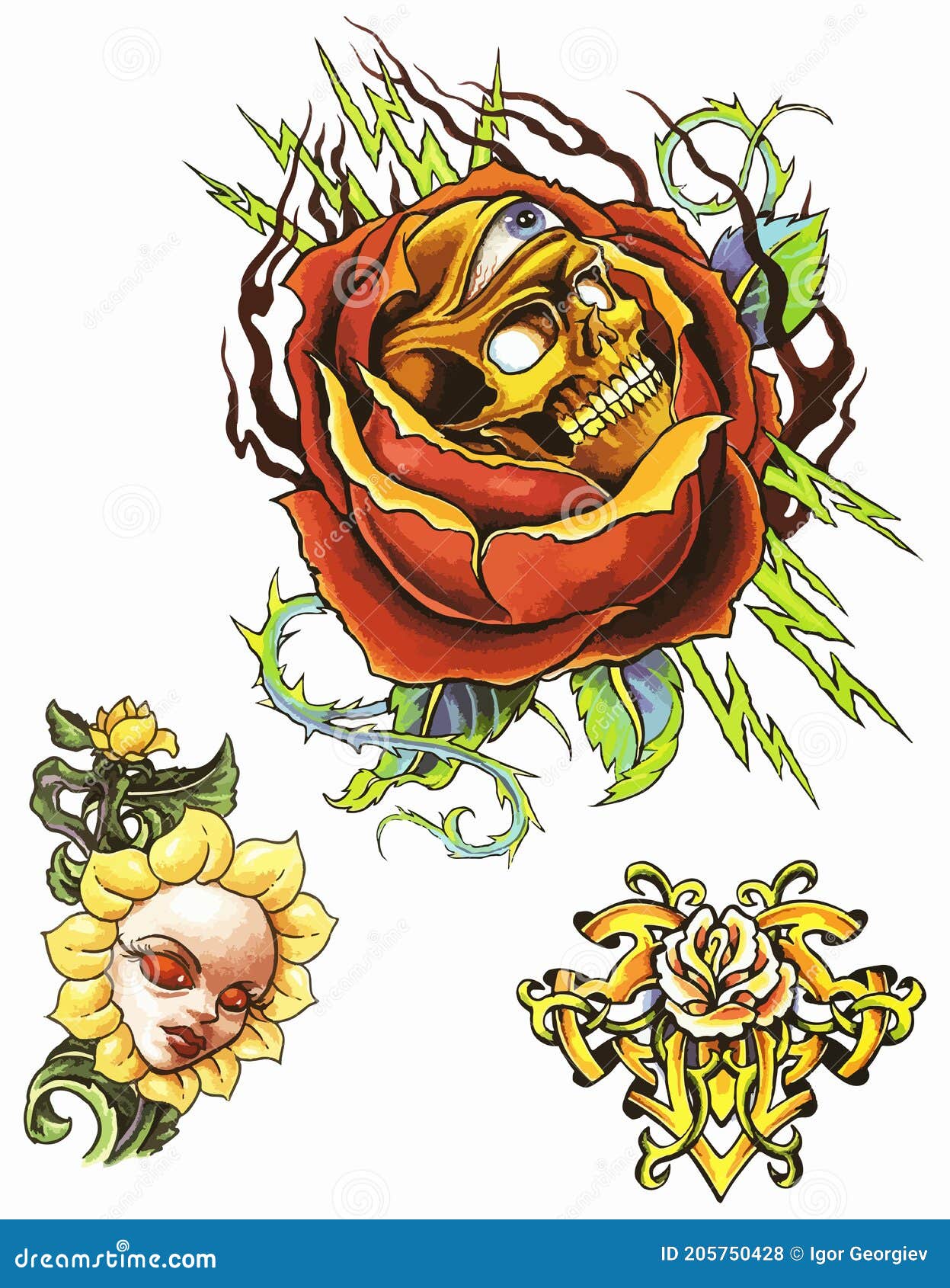 Flowers Newskool Tattoo Set. Set of Labels and Elements. Vector Set ...