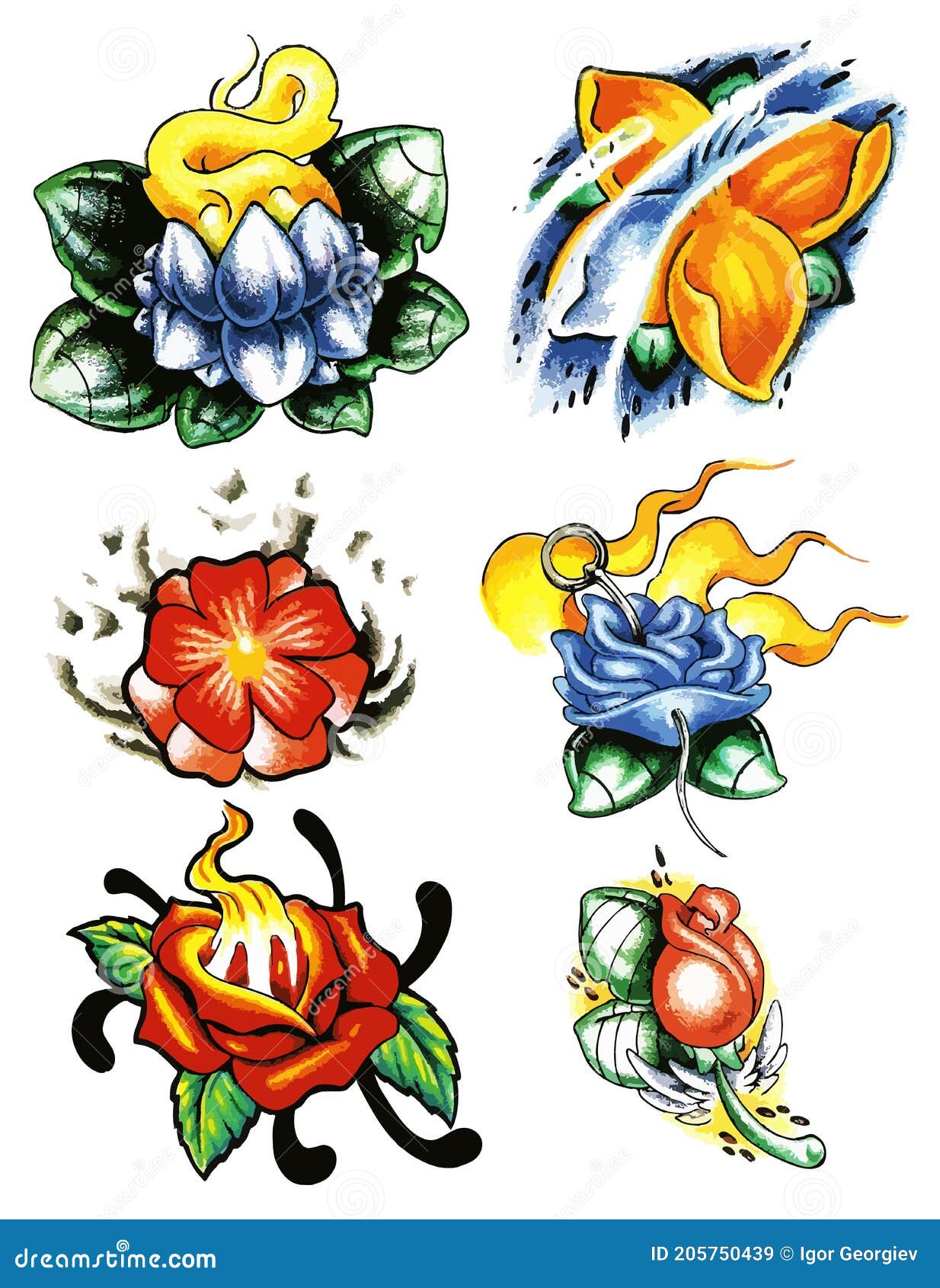 Flowers Newskool Tattoo Set. Set of Labels and Elements. Vector Set ...